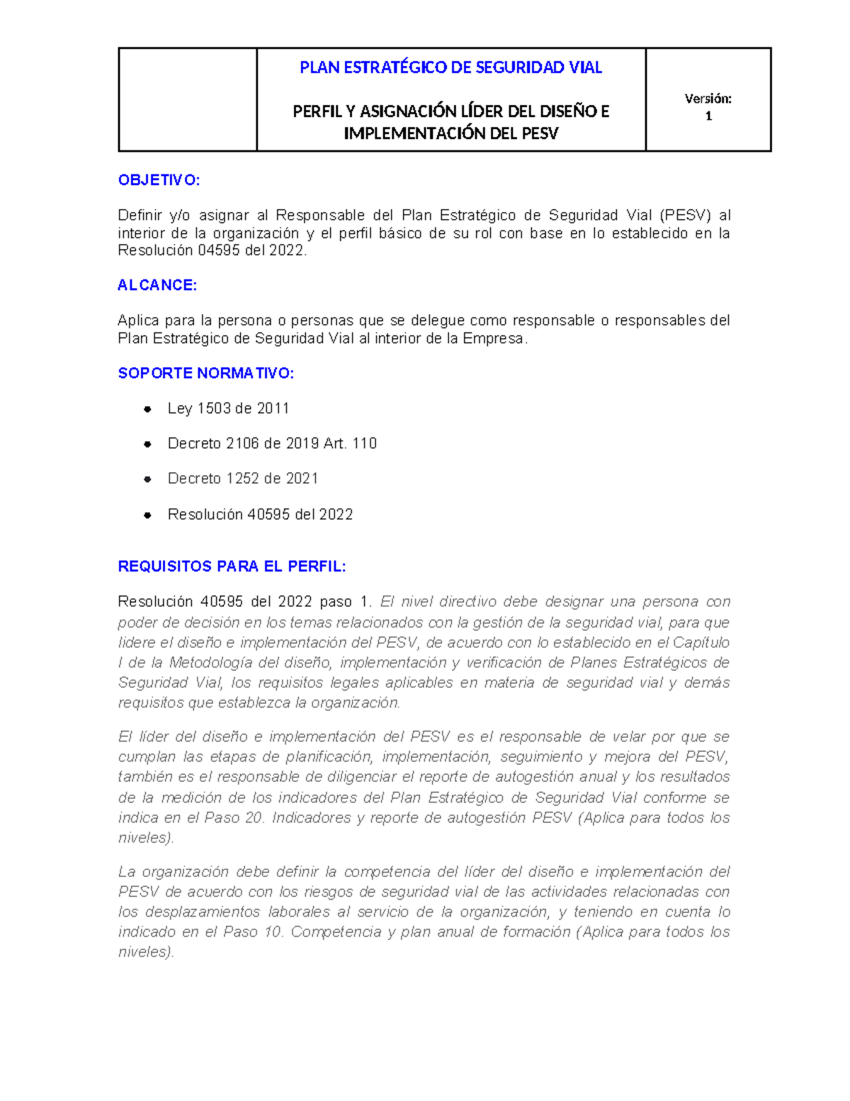 PESV - Asignación y Perfil del Líder para Implementación y Diseño - Studocu