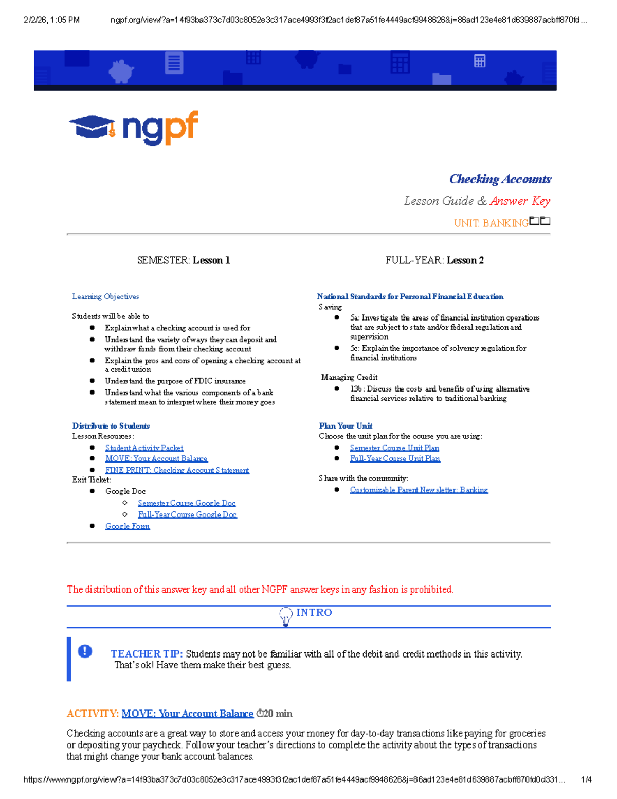 Checking Account Lesson Guide Answer Key (NGPF) - Studocu