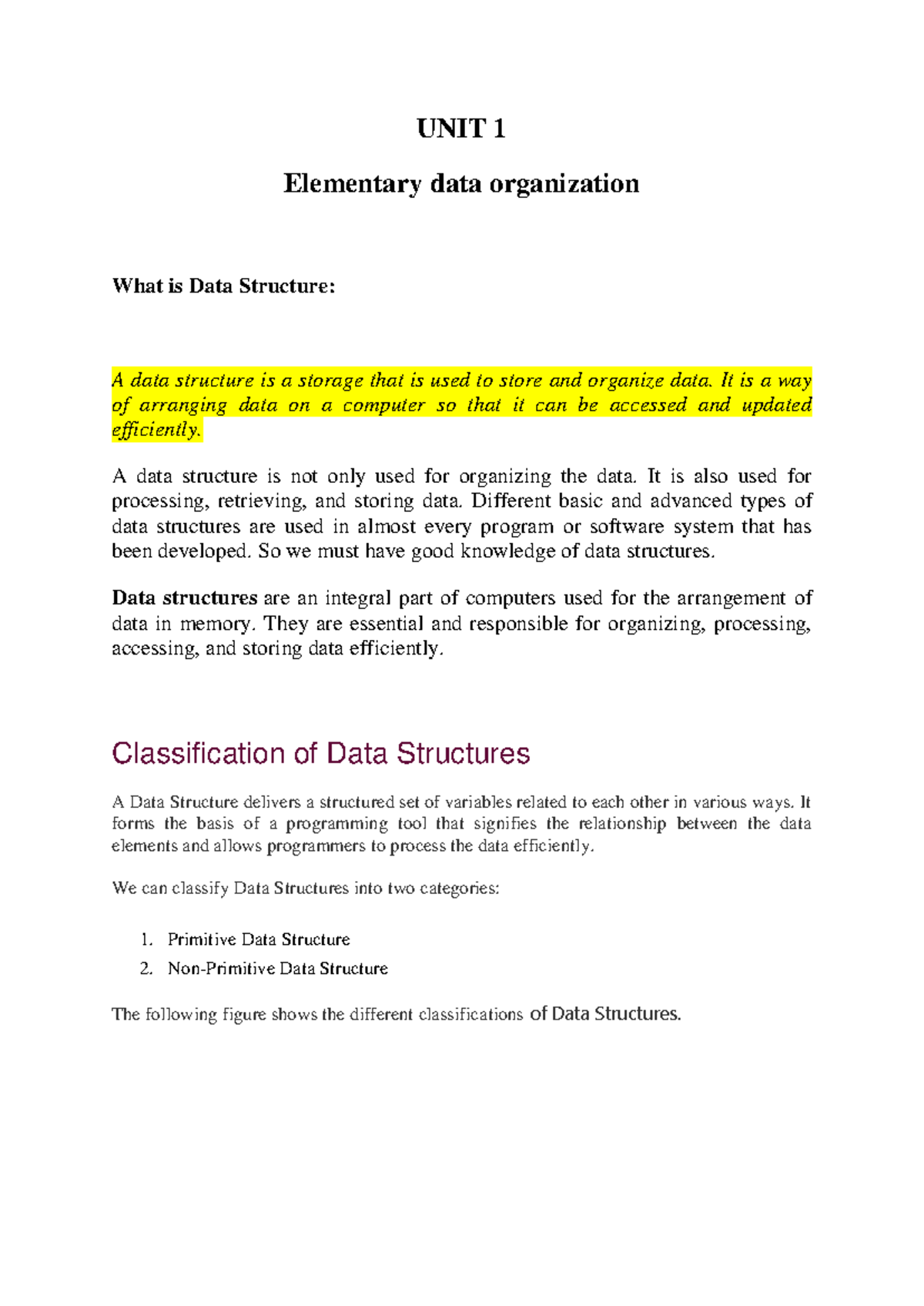 UNIT 1: Introduction to Data Structures and Their Classifications - Studocu
