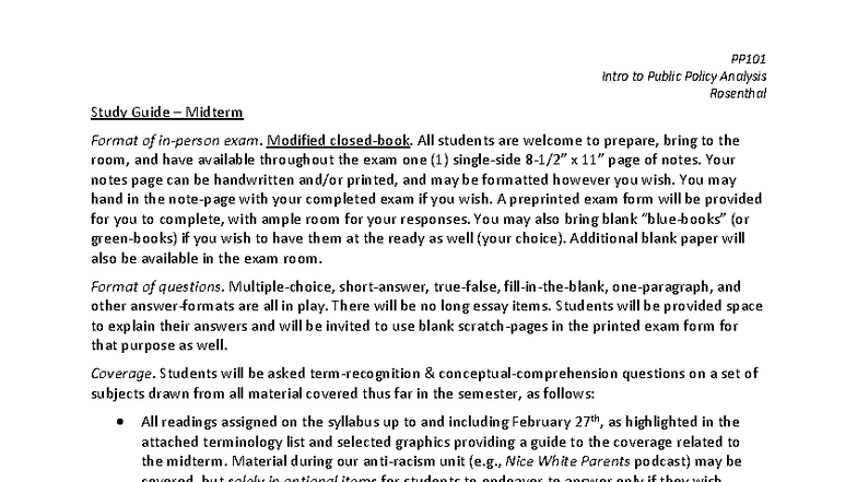 PP101 Midterm Study Guide: Intro to Public Policy Analysis - Studocu