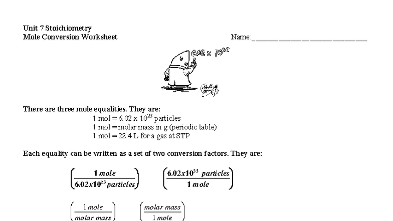CH U7 A1 Stoichiometry Mole Conversion Worksheet - Studocu