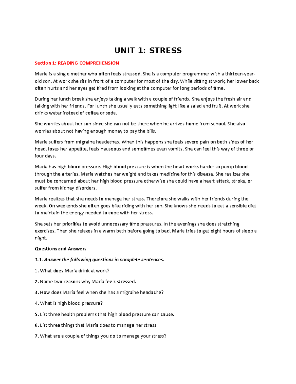 Unit 1- Stress - Reading comprehension - UNIT 1: STRESS Section 1 ...