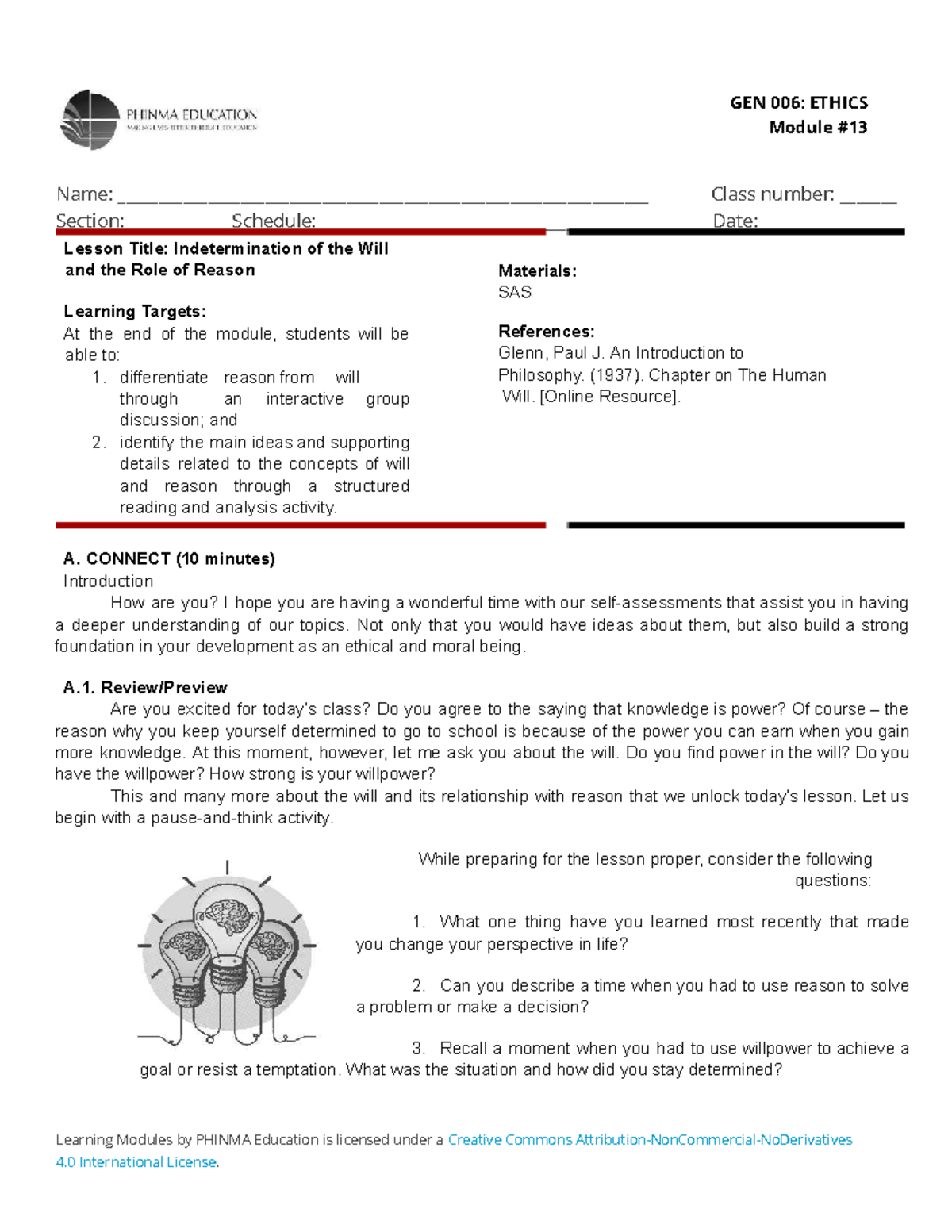 GEN 006: ETHICS Lesson on Indetermination of the Will & Reason - Studocu