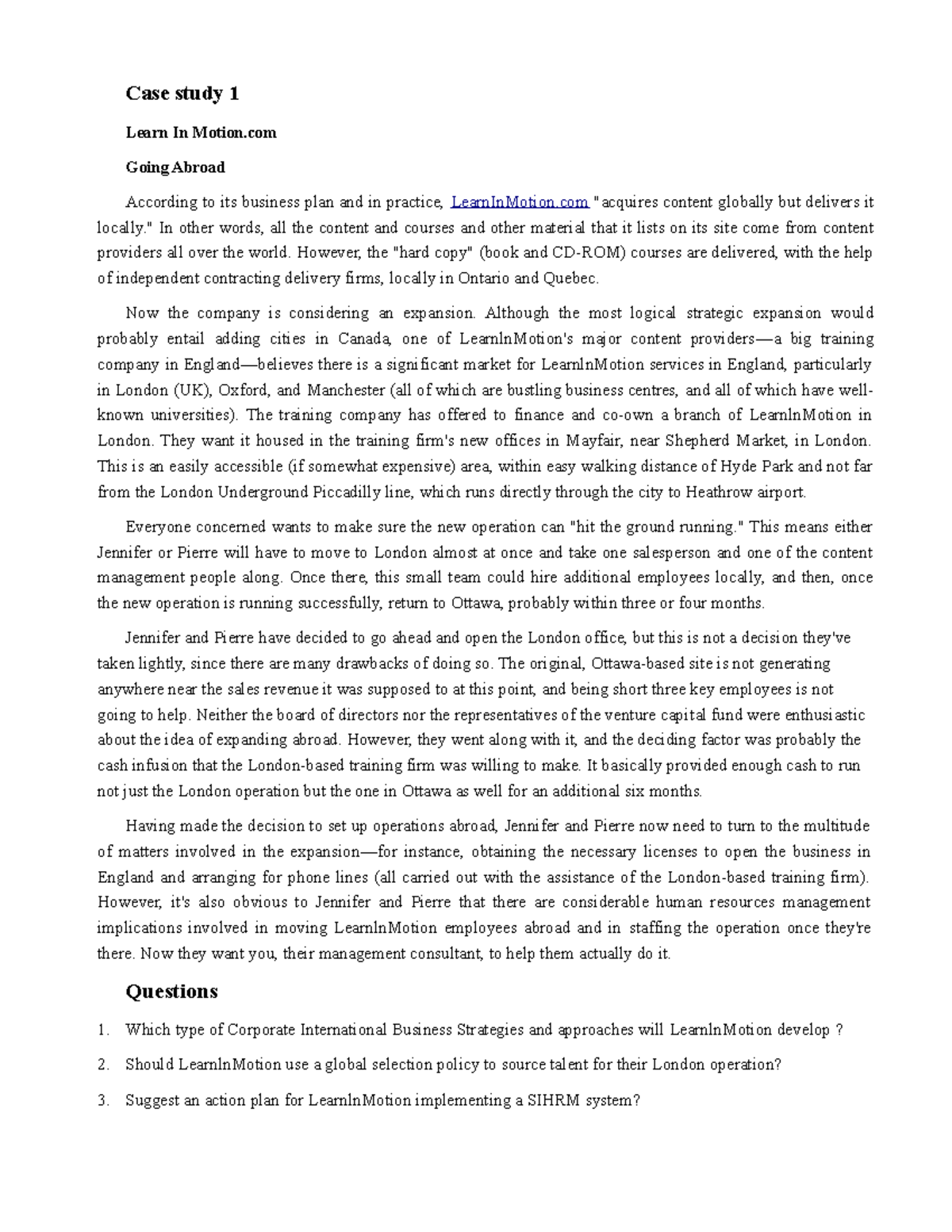 Handouts 7 - HRP - Case study 1 Learn In Motion Going Abroad According ...