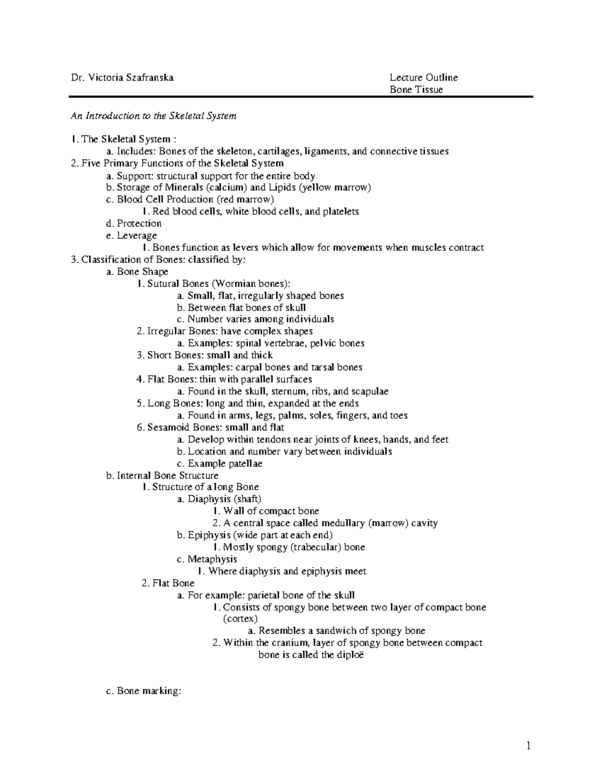Lecture Outline: Bone Tissue and Skeletal System - Studocu
