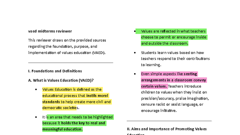 VAED Midterms Reviewer: Foundations and Importance of Values Education ...