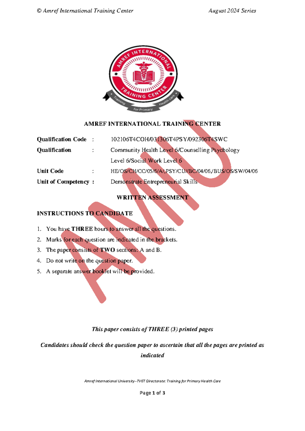 Demonstrate Entrepreneurial Skills Level 6 - AMREF Training Assessment ...