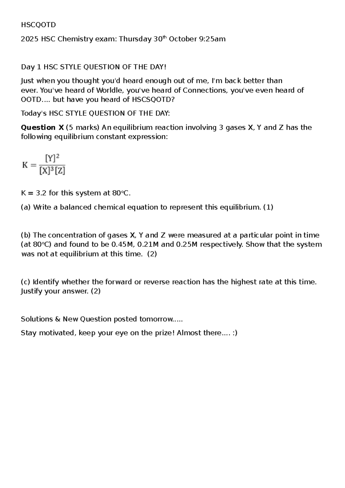 HSCQOTD 2025 Chemistry Exam Questions & Solutions: Days 1-16 - Studocu