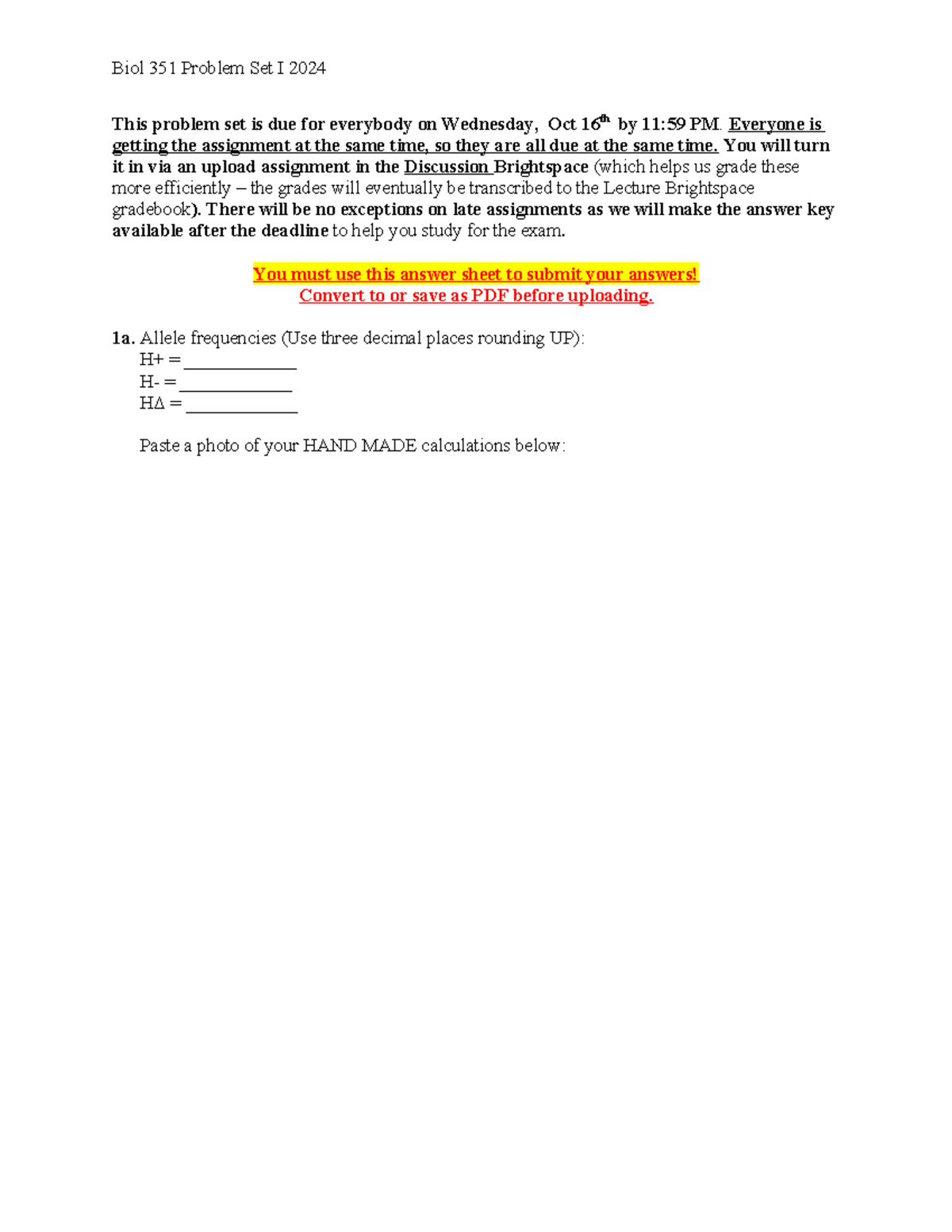 Problem Set 1 Answers for Genetics - Due Oct 16th - Studocu