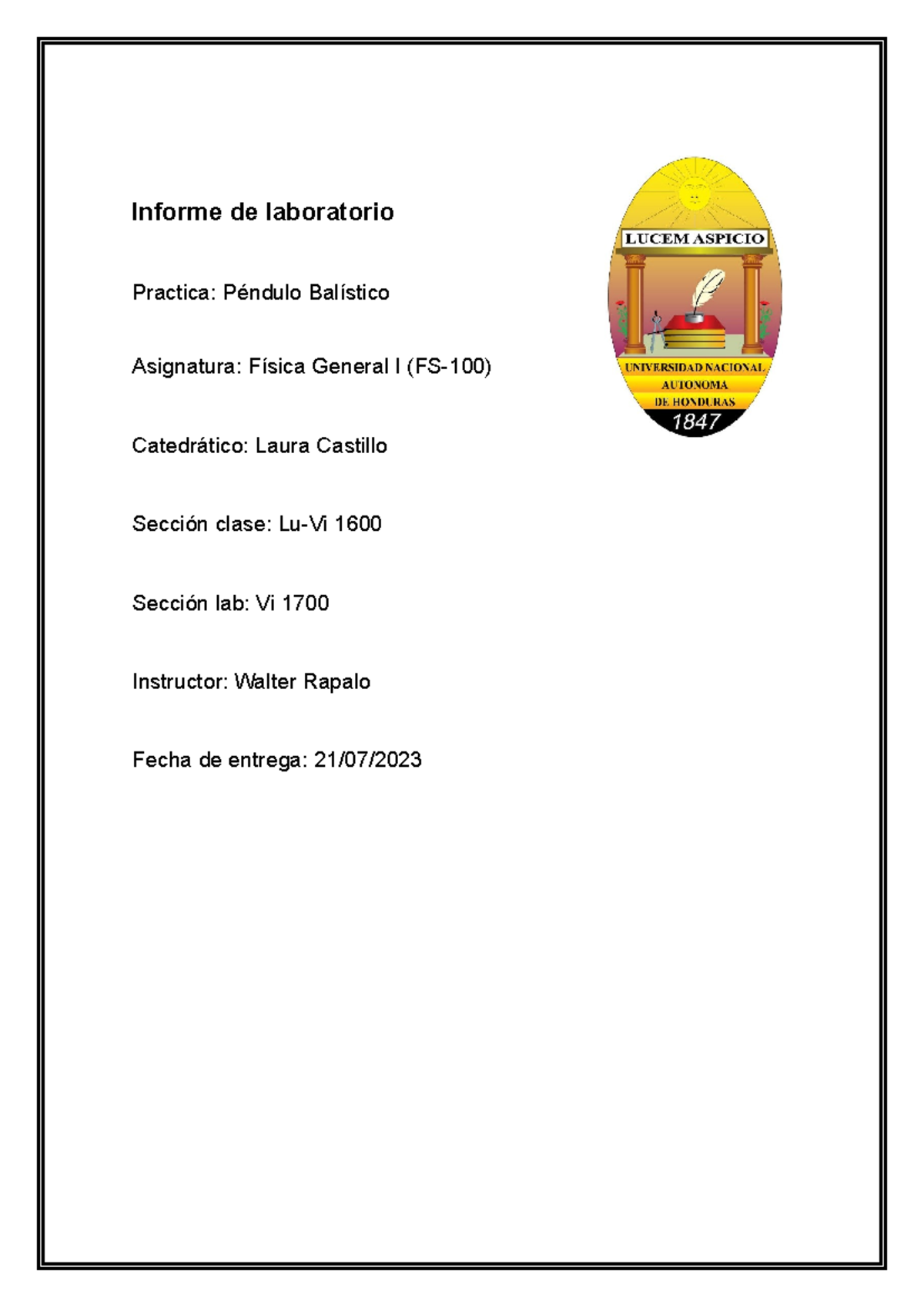 Informe de Laboratorio: Péndulo Balístico en Física General I (FS-100 ...
