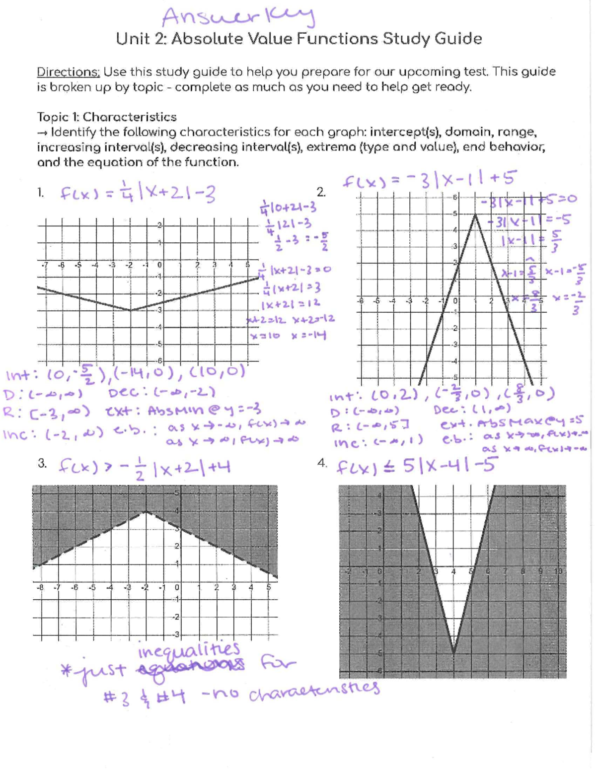Unit 2: Absolute Value Functions Study Guide Answer Key - Studocu