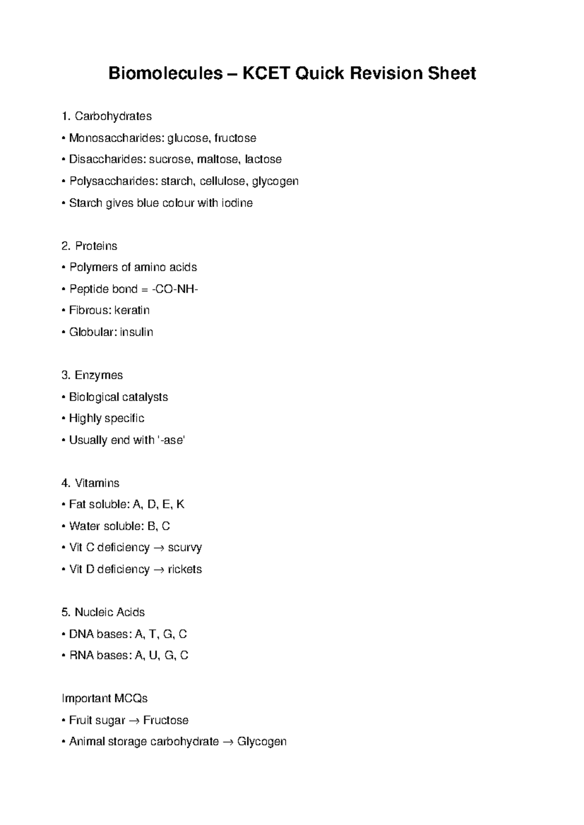 Biomolecules kcet revision sheet - Biomolecules – KCET Quick Revision ...