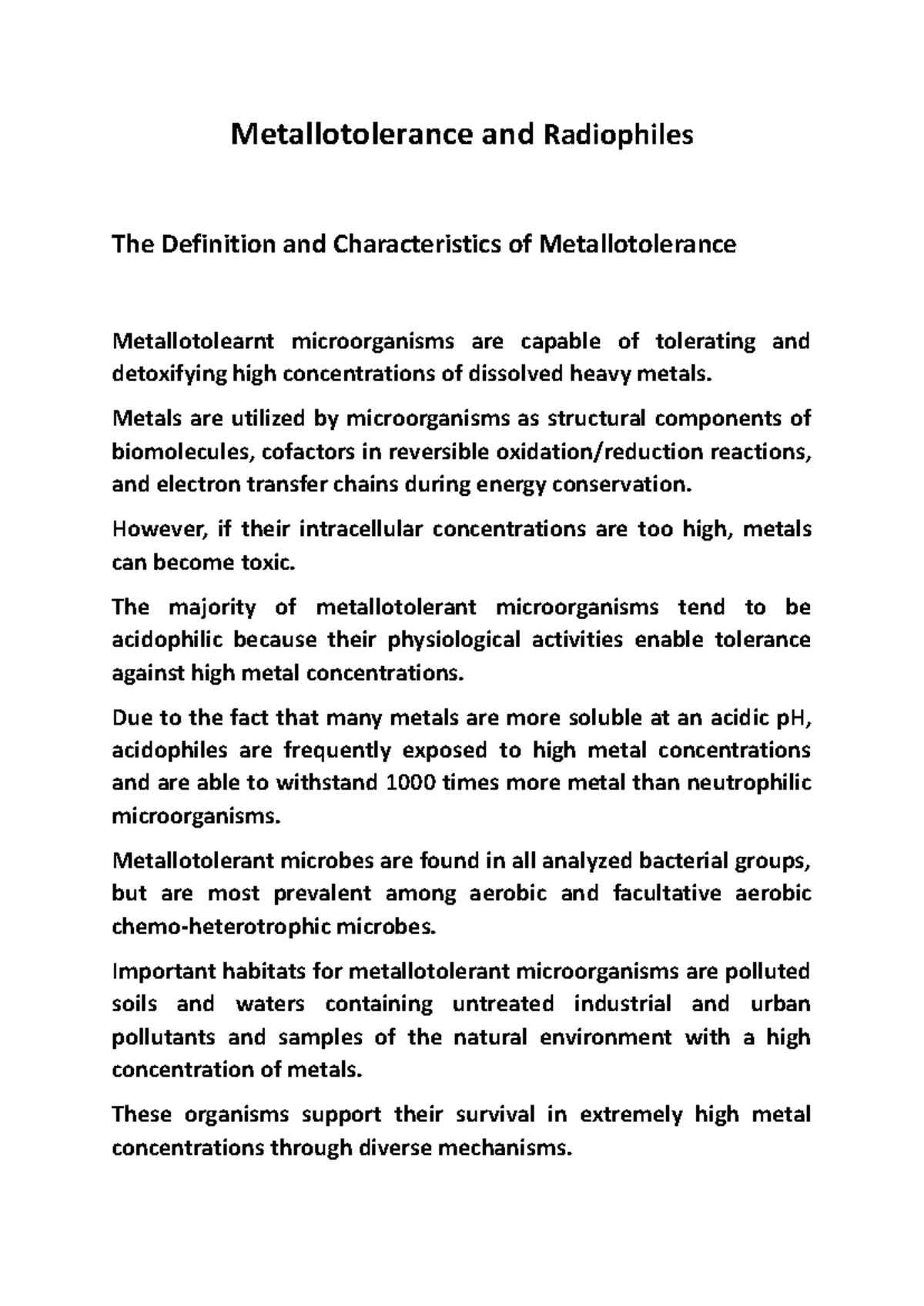 Metallotolerance and Radiophiles - Metals are utilized by ...