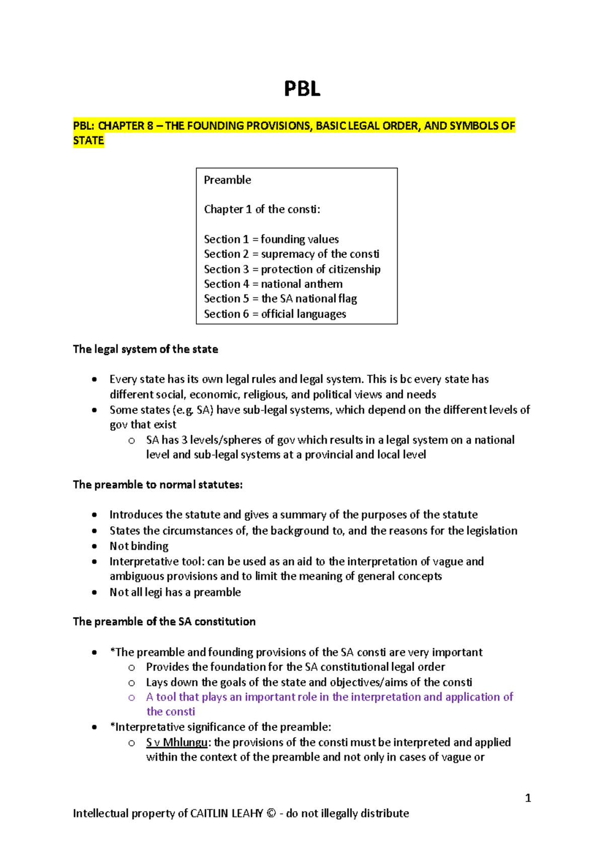 PBL 210 Semester 2 Notes - 1 PBL PBL: CHAPTER 8 – THE FOUNDING ...