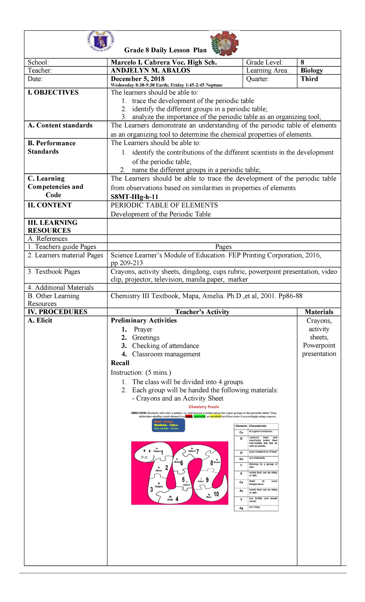Dll grade 8 periodic table - Grade 8 Daily Lesson Plan School: Marcelo ...