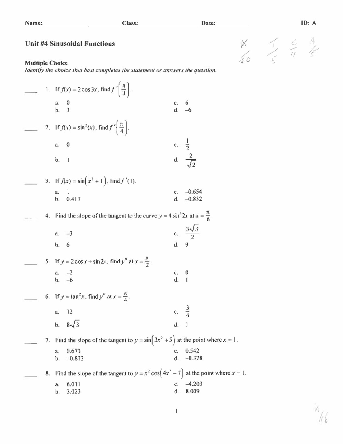 MCV 4U1 Unit Test #4 Review on Sinusoidal Function Derivatives - Studocu