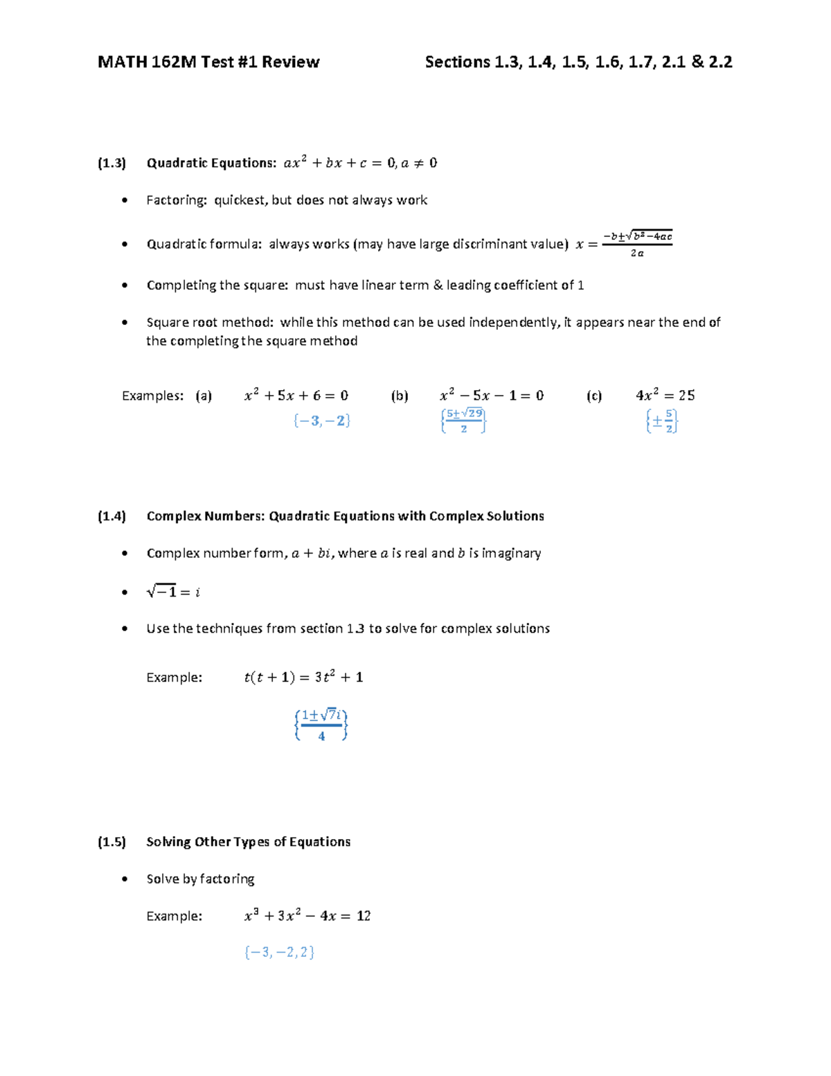 MATH 162M Test Review: Quadratic Equations & Complex Numbers - Studocu