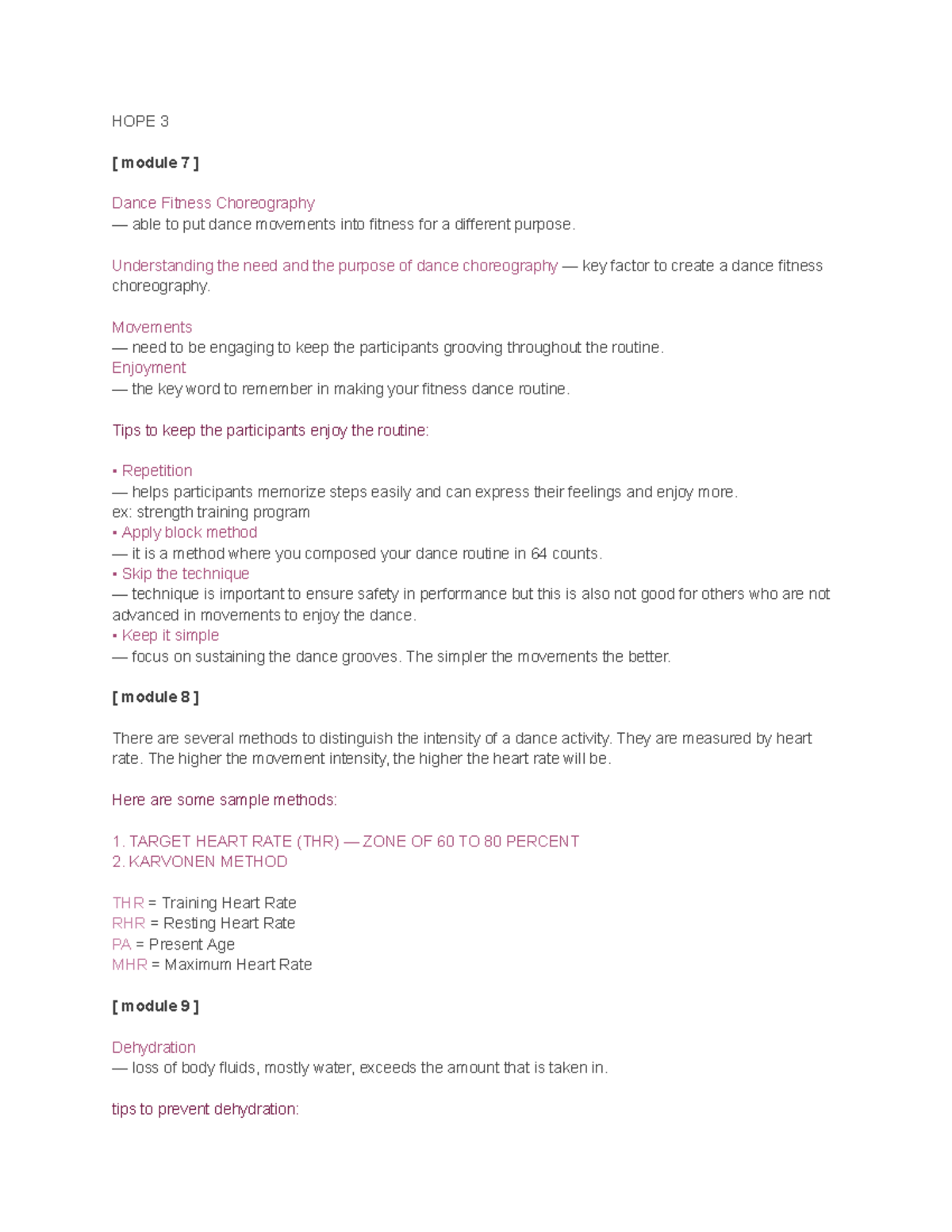 HOPE 3: Dance Fitness & Management Review Notes for Exams - Studocu