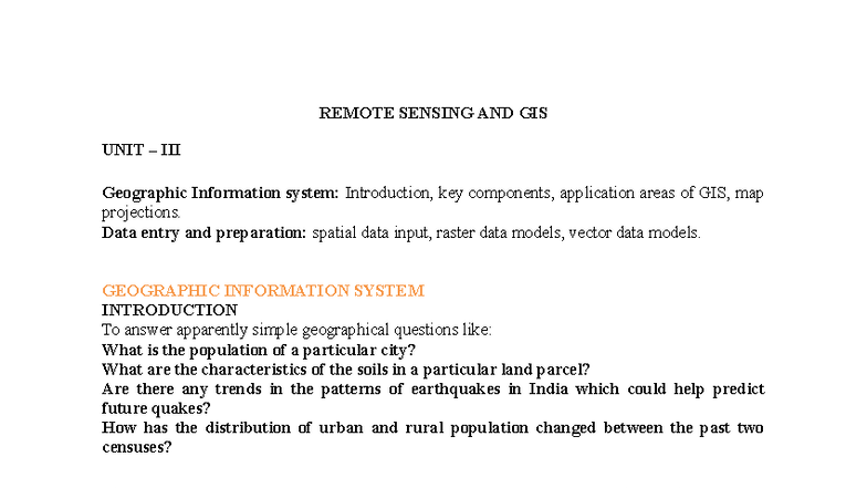 RS&GIS UNIT-3: Introduction to GIS, Components, and Applications - Studocu