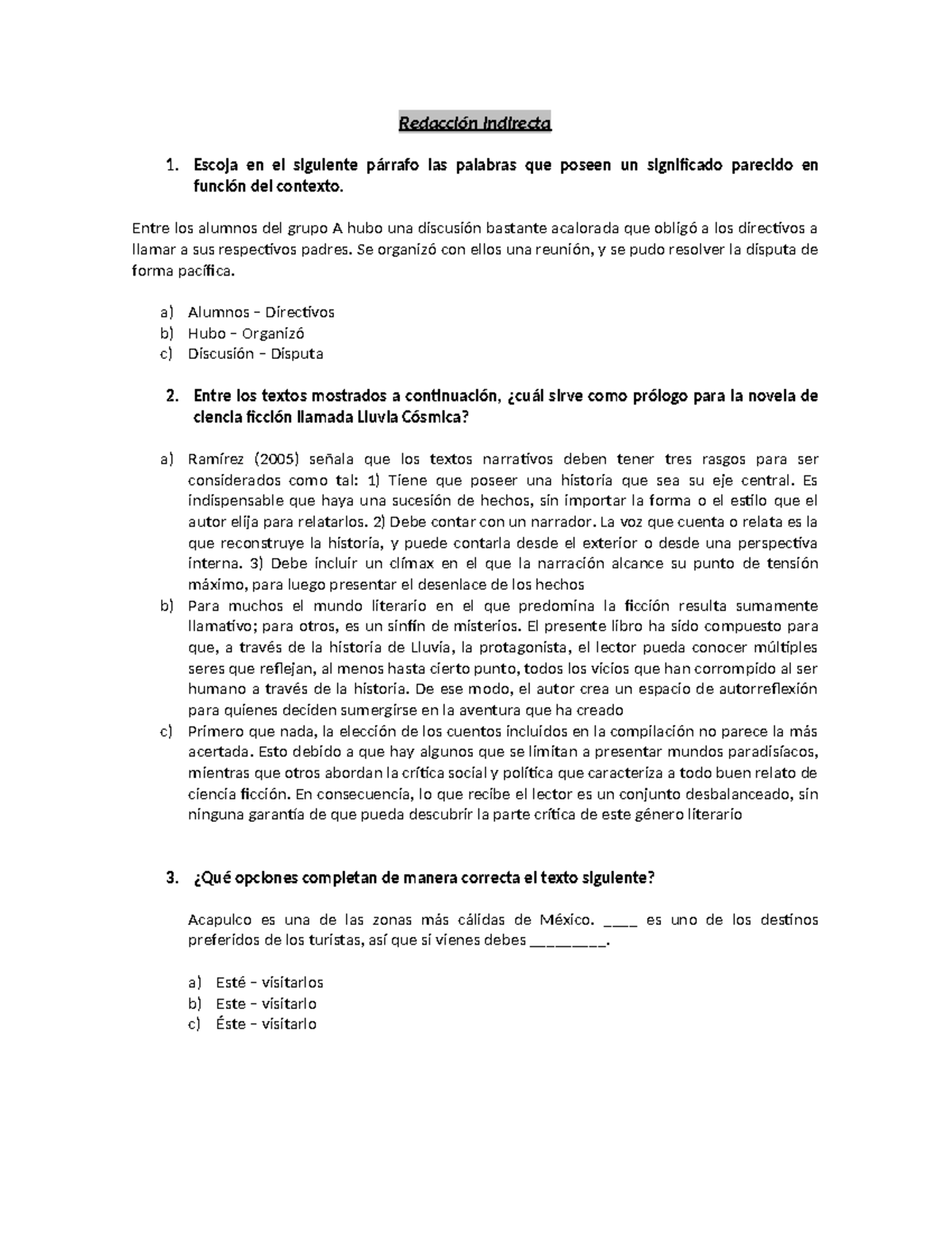 Redacción Indirecta EXANI II: Ejercicios y Respuestas para Prueba - Studocu