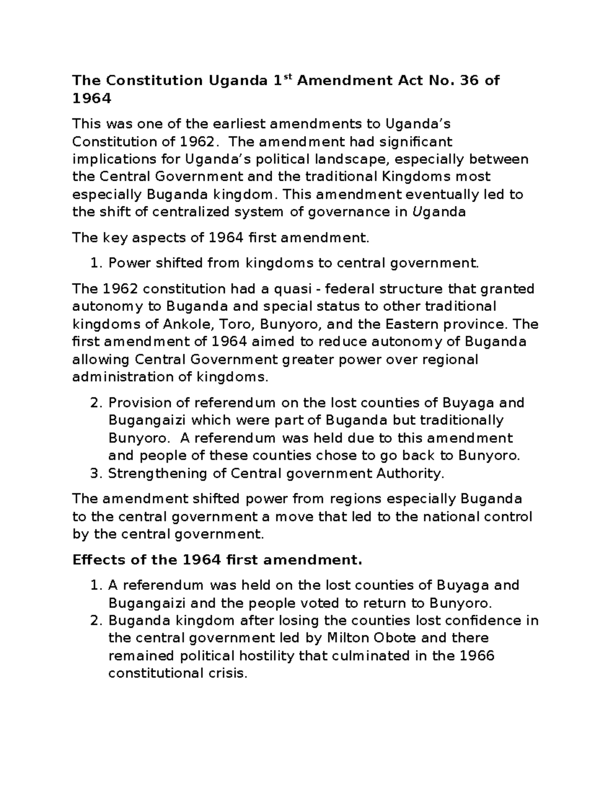 Uganda Constitution 1st Amendment Act 1964: Key Changes & Impacts - Studocu