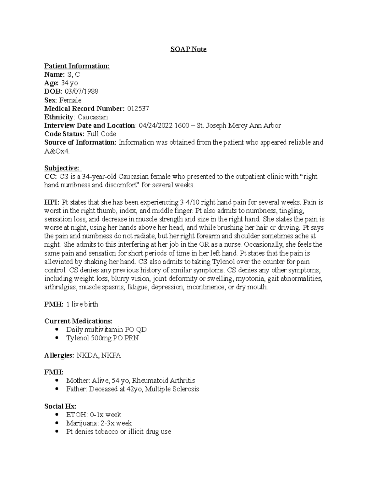 SOAP Note - Carpal Tunnel Syndrome Case for Patient S, C - Studocu