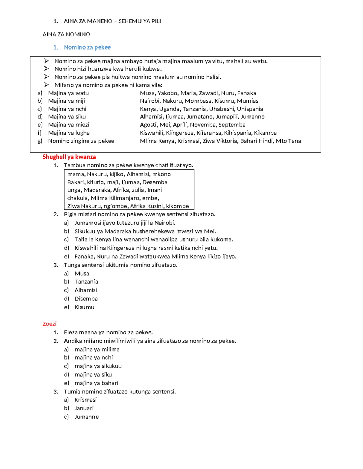 Aina za Maneno: Nomino za Pekee, Kawaida, Vitenzi na Makundi - Studocu