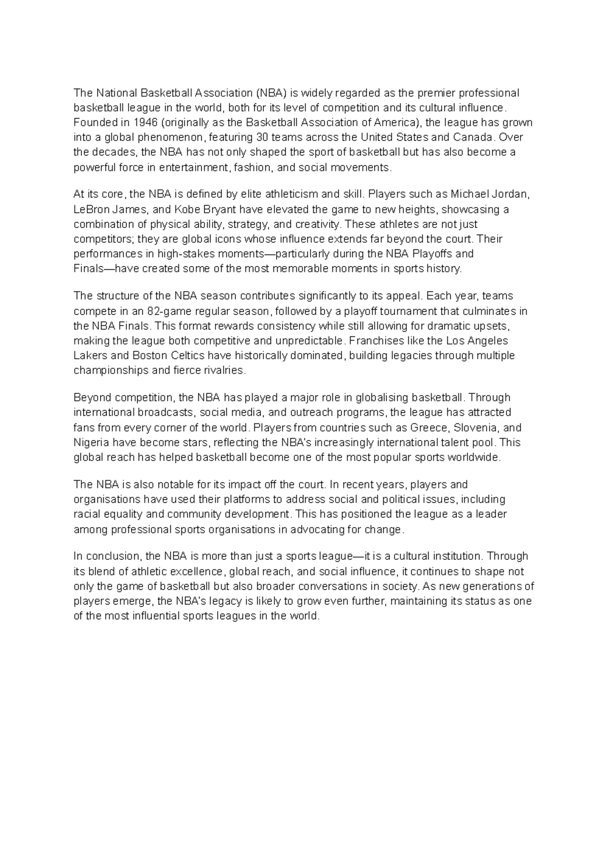 NBA Essay: The Cultural Impact and Global Reach of the League - Studocu
