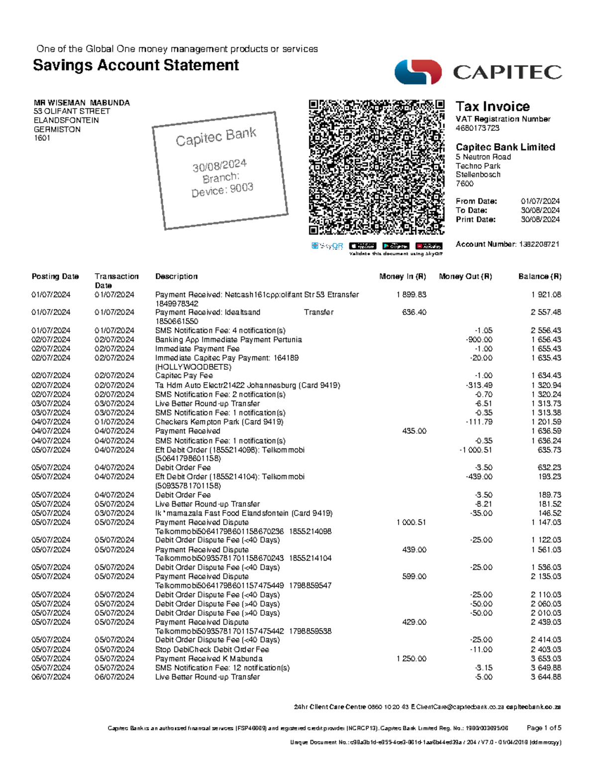 Capitec Bank Savings Account Statement - Notes (30/08) - Studocu