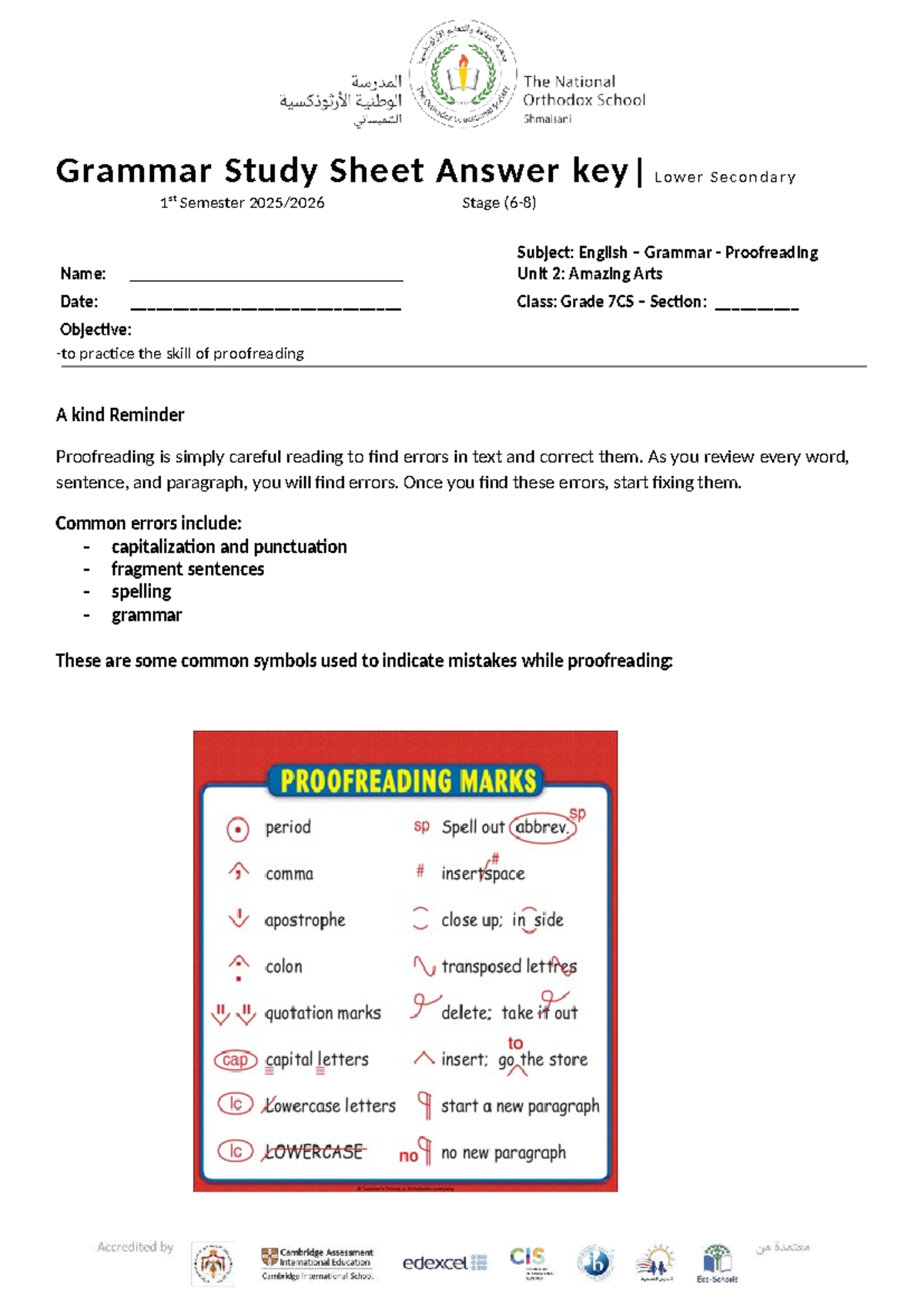 G7 - U2: English Grammar Proofreading Study Sheet Answer Key - Studocu