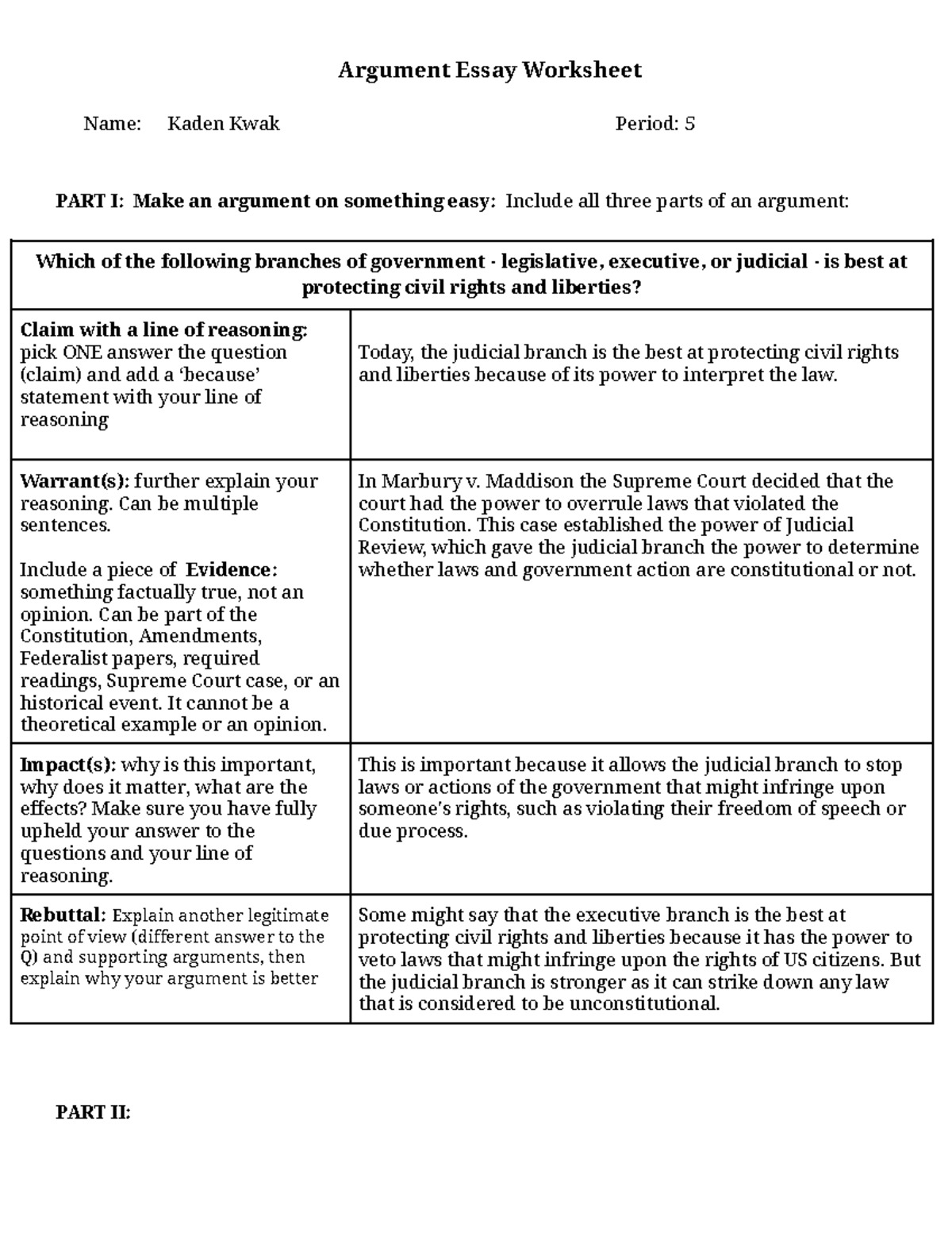 Argument Essay Worksheet: AP Gov Analysis and Structure - Studocu