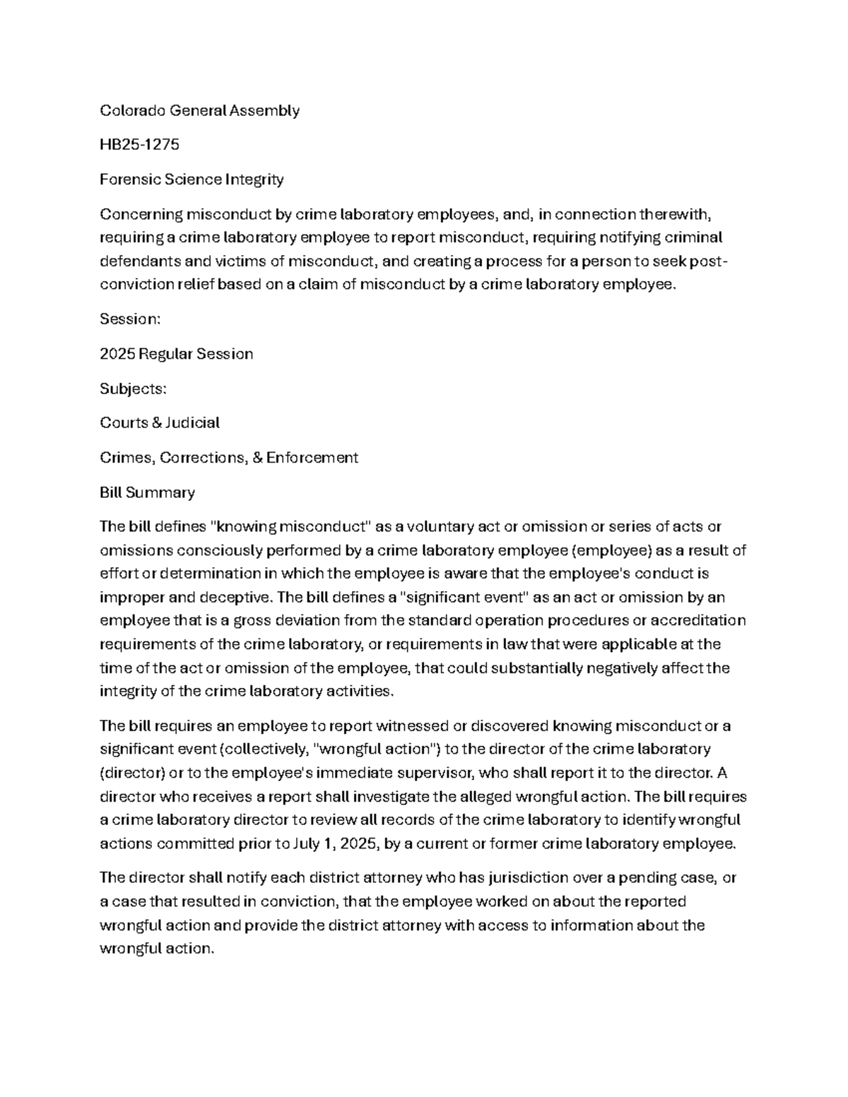 HB25-1275 Forensic Science Integrity: Reporting Misconduct in Crime ...