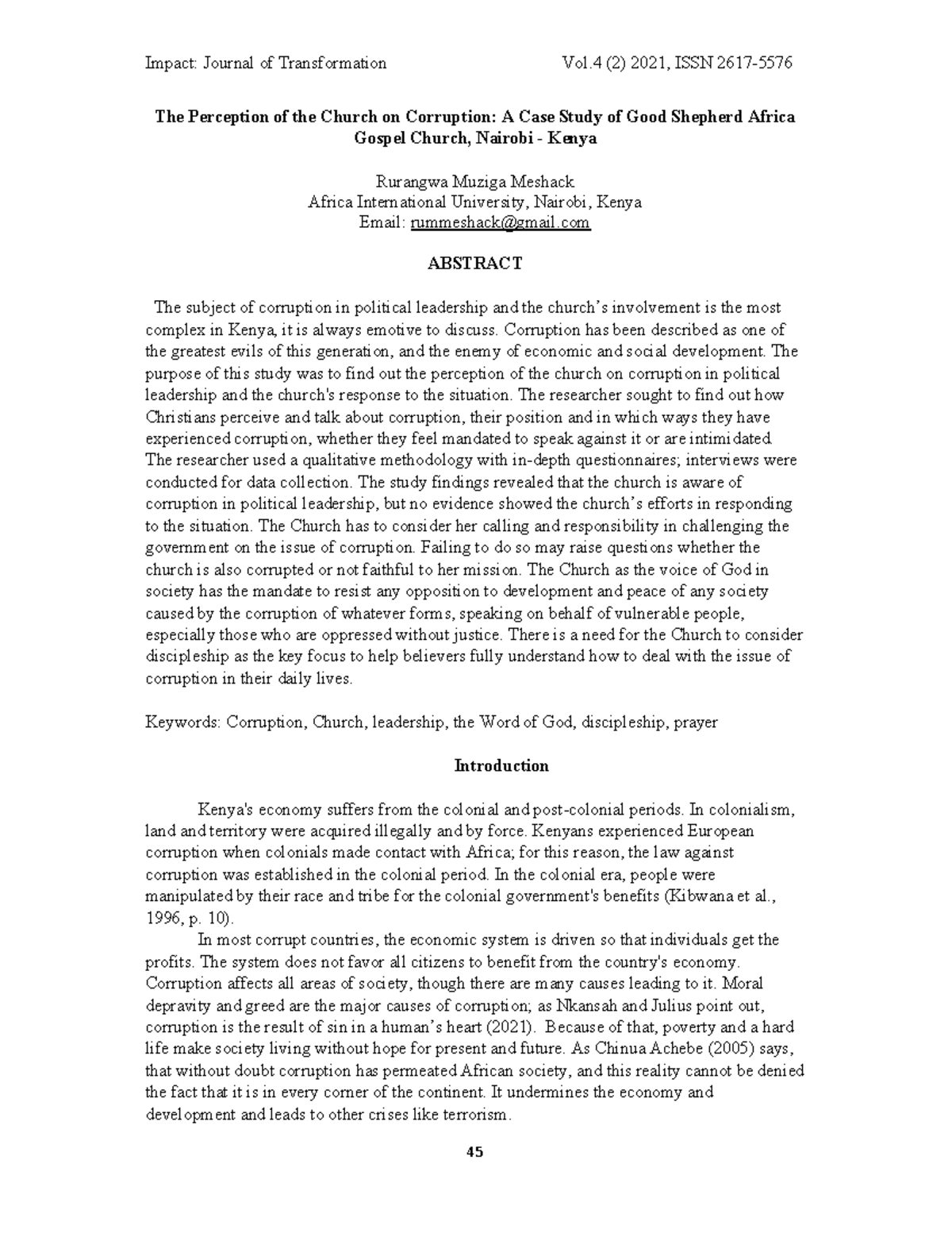The Church's Role in Addressing Corruption: A Case Study of Good ...