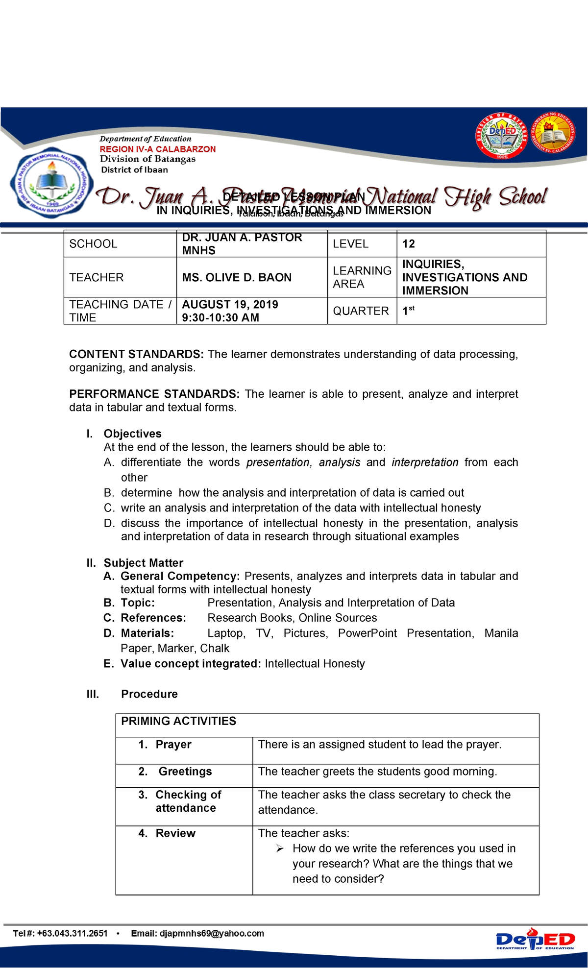 Detailed Lesson Plan: Inquiries, Investigations & Immersion (Level 12) - Studocu