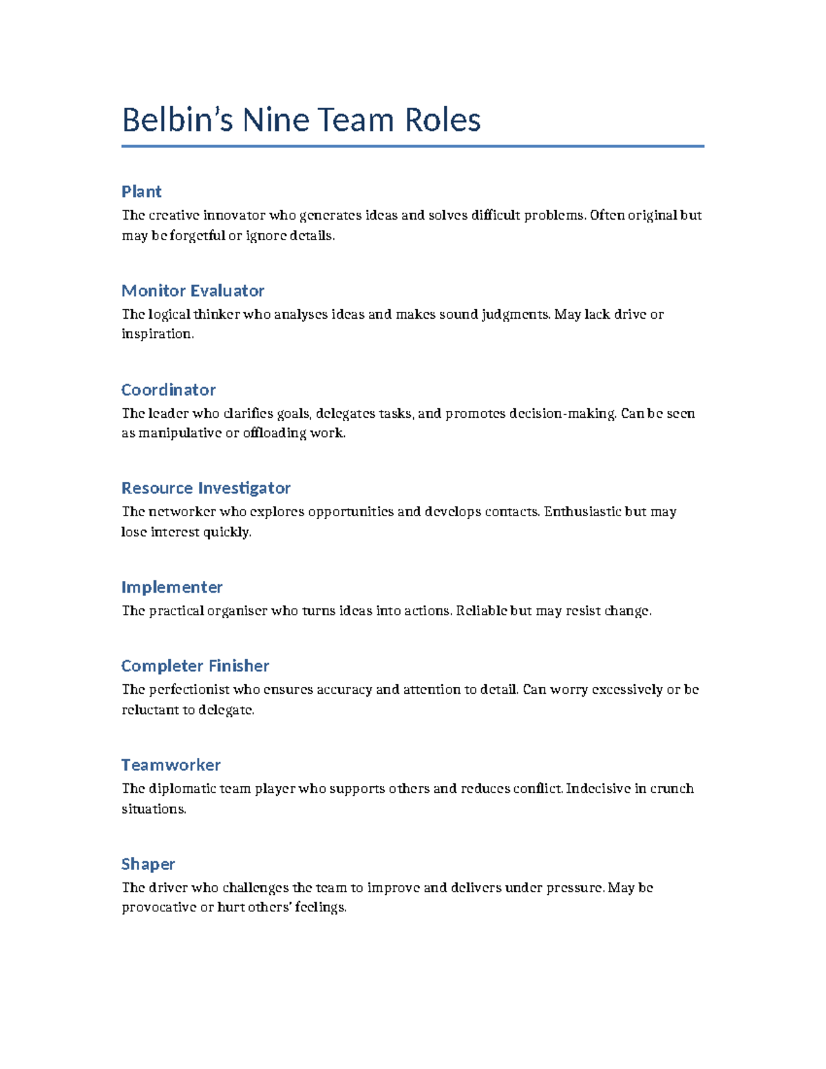 Belbin Team Roles Summary: Understanding 9 Key Roles in Teams - Studocu