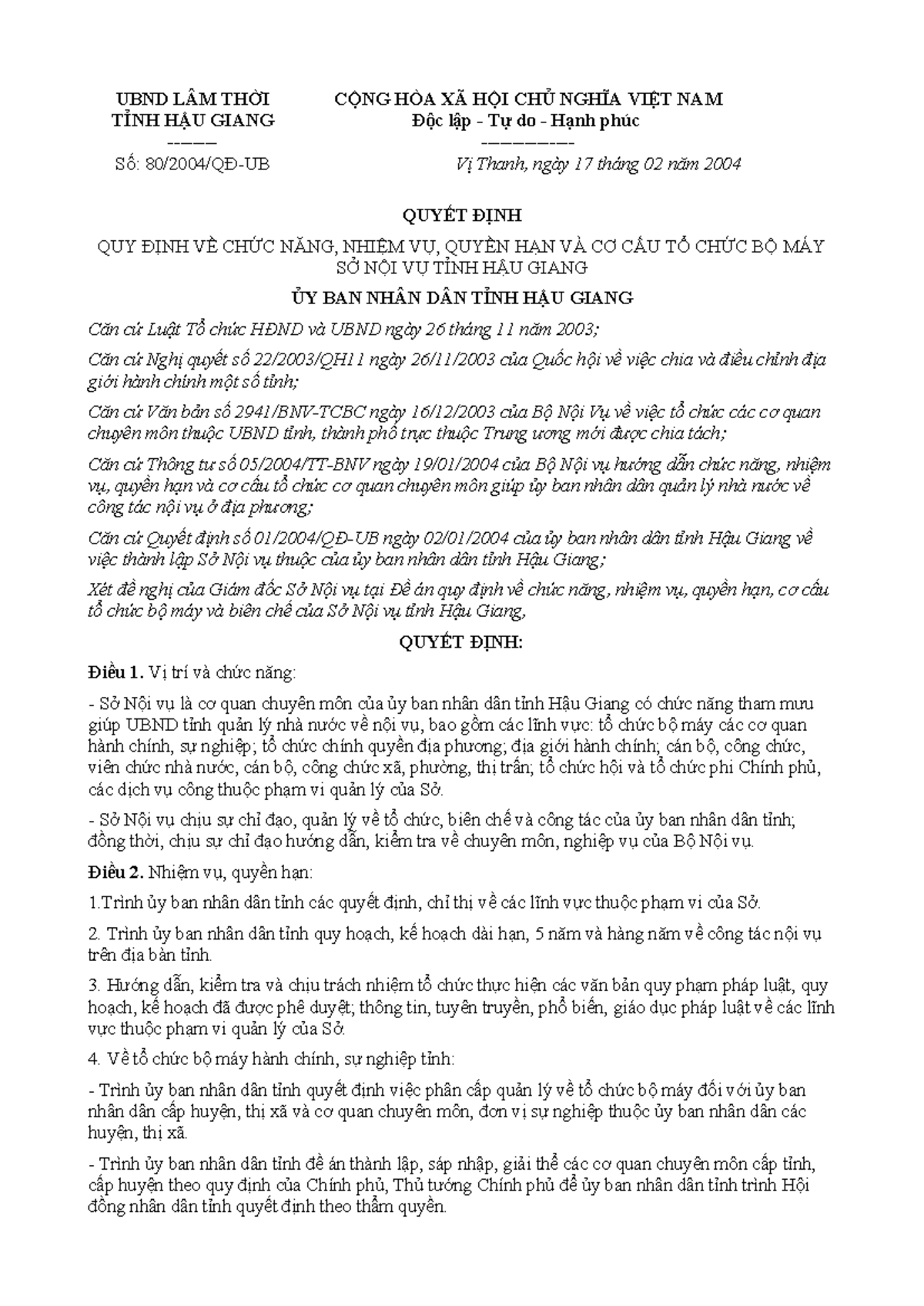 80 2004 QD-UB Quy định chức năng và cơ cấu tổ chức Sở Nội vụ Hậu Giang ...