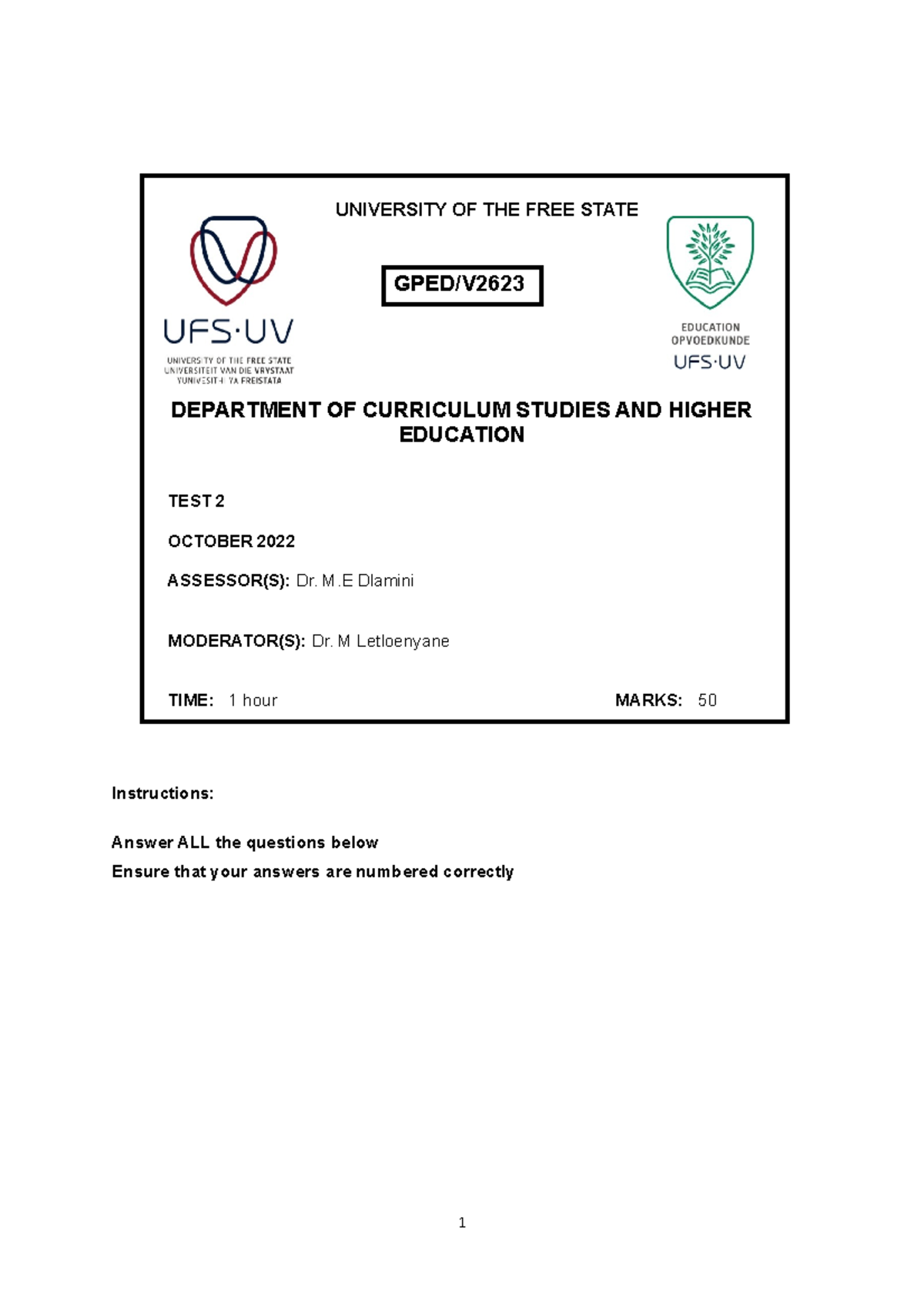 GPED V2623 Test 2 Memorandum Review for October 2022 Exam - Studocu