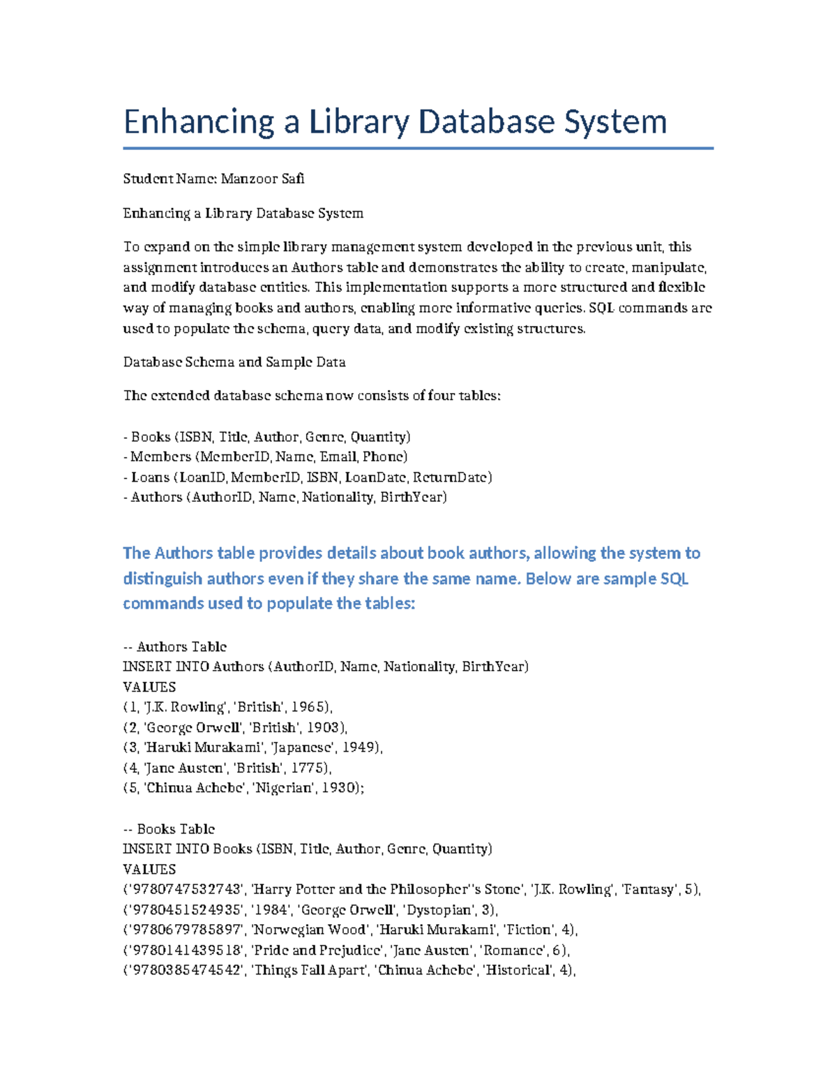 Library Database Assignment No Screenshot Notes - Enhancing a Library ...