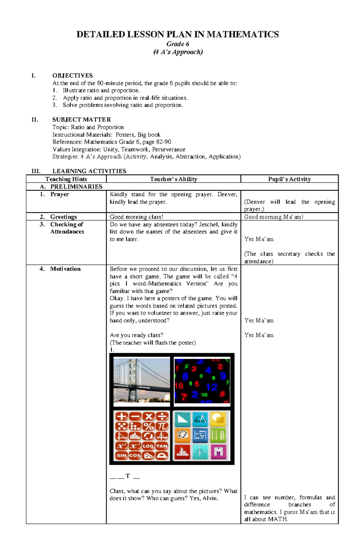 Detailed Lesson Plan for Mathematics: Ratio & Proportion (Grade 6 ...