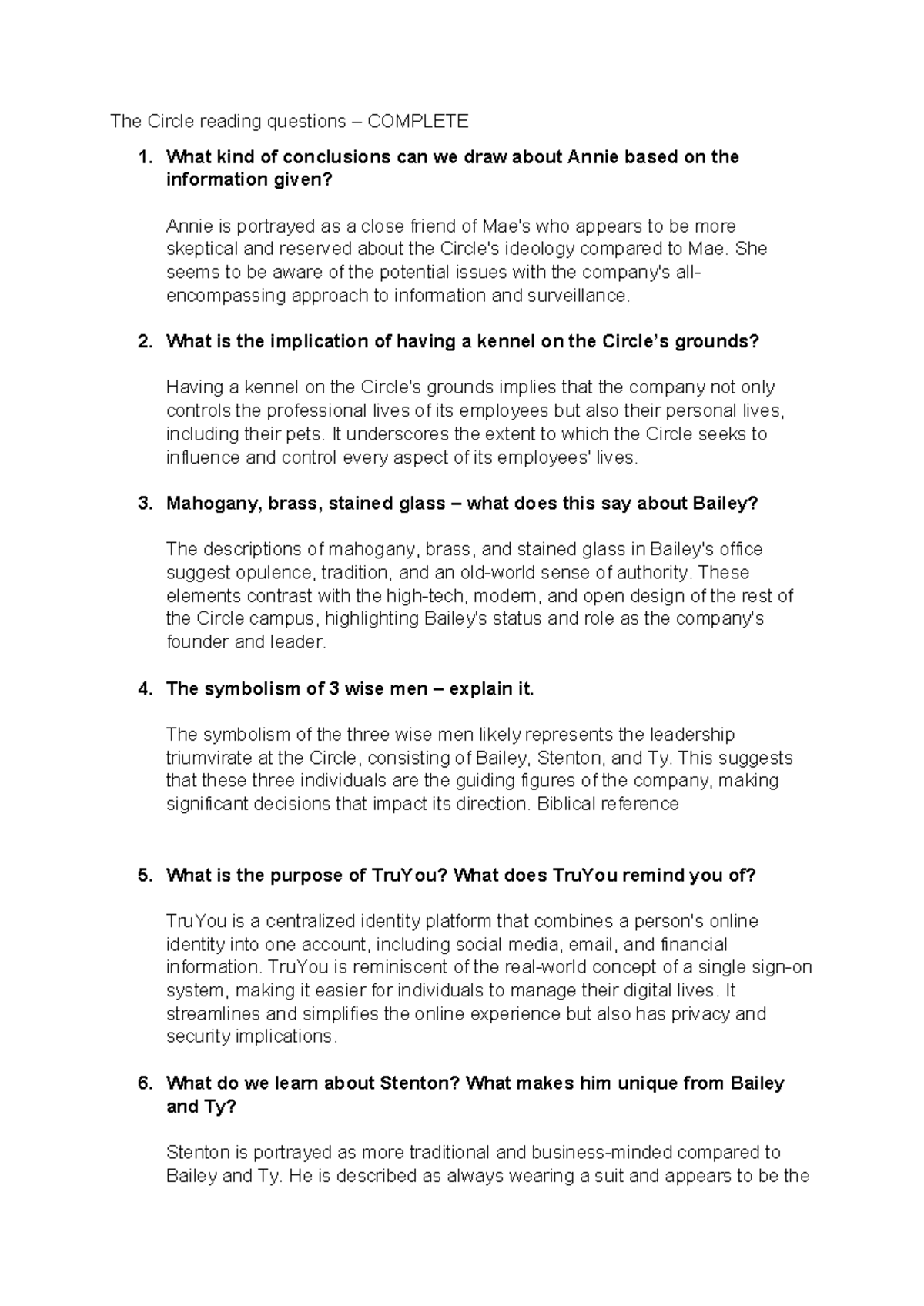 The Circle Reading Q&A Guide: Key Insights and Analyses - Studeersnel