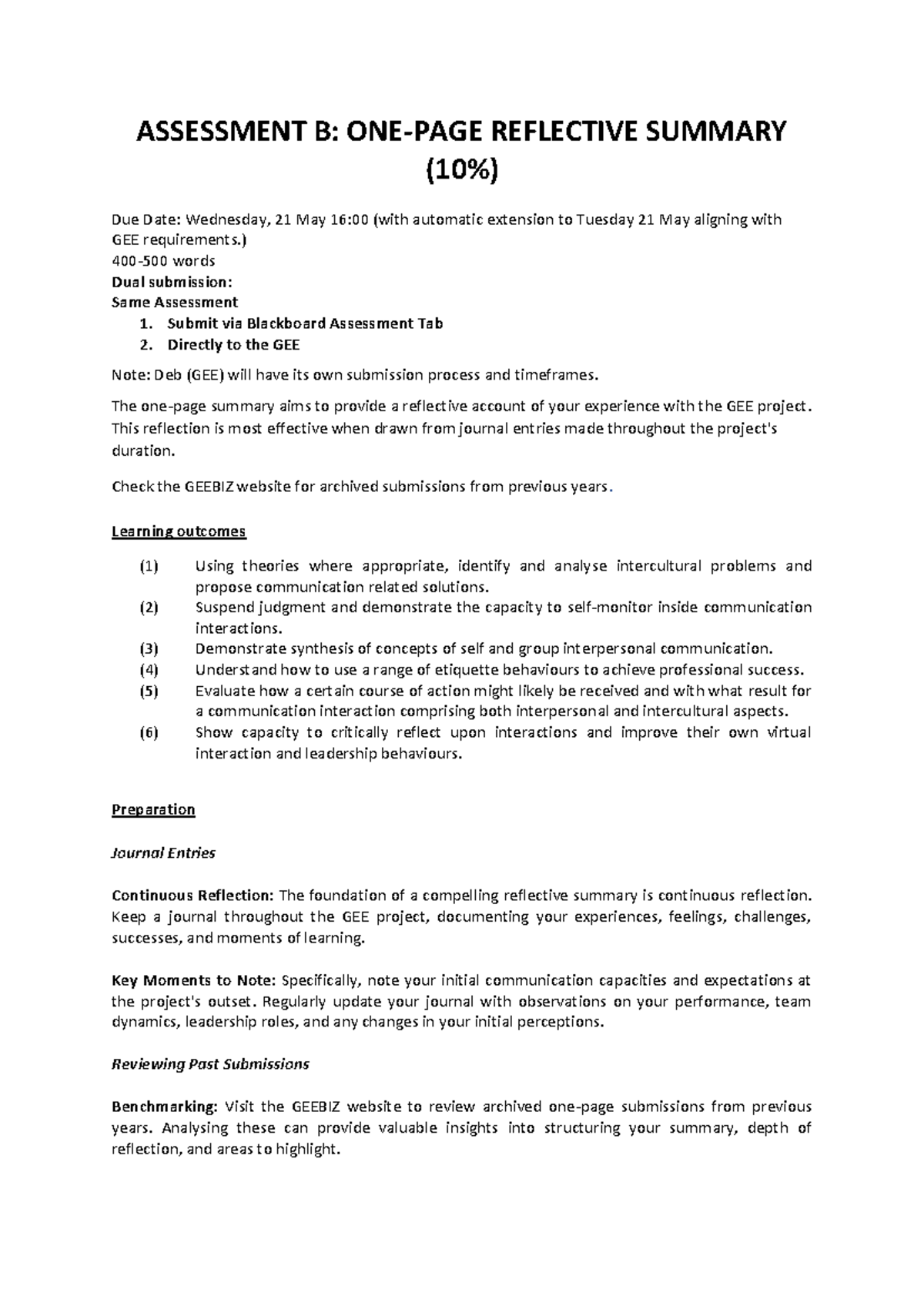 MANT222 S1 2025 Reflective Summary Assessment B Guidelines - Studocu