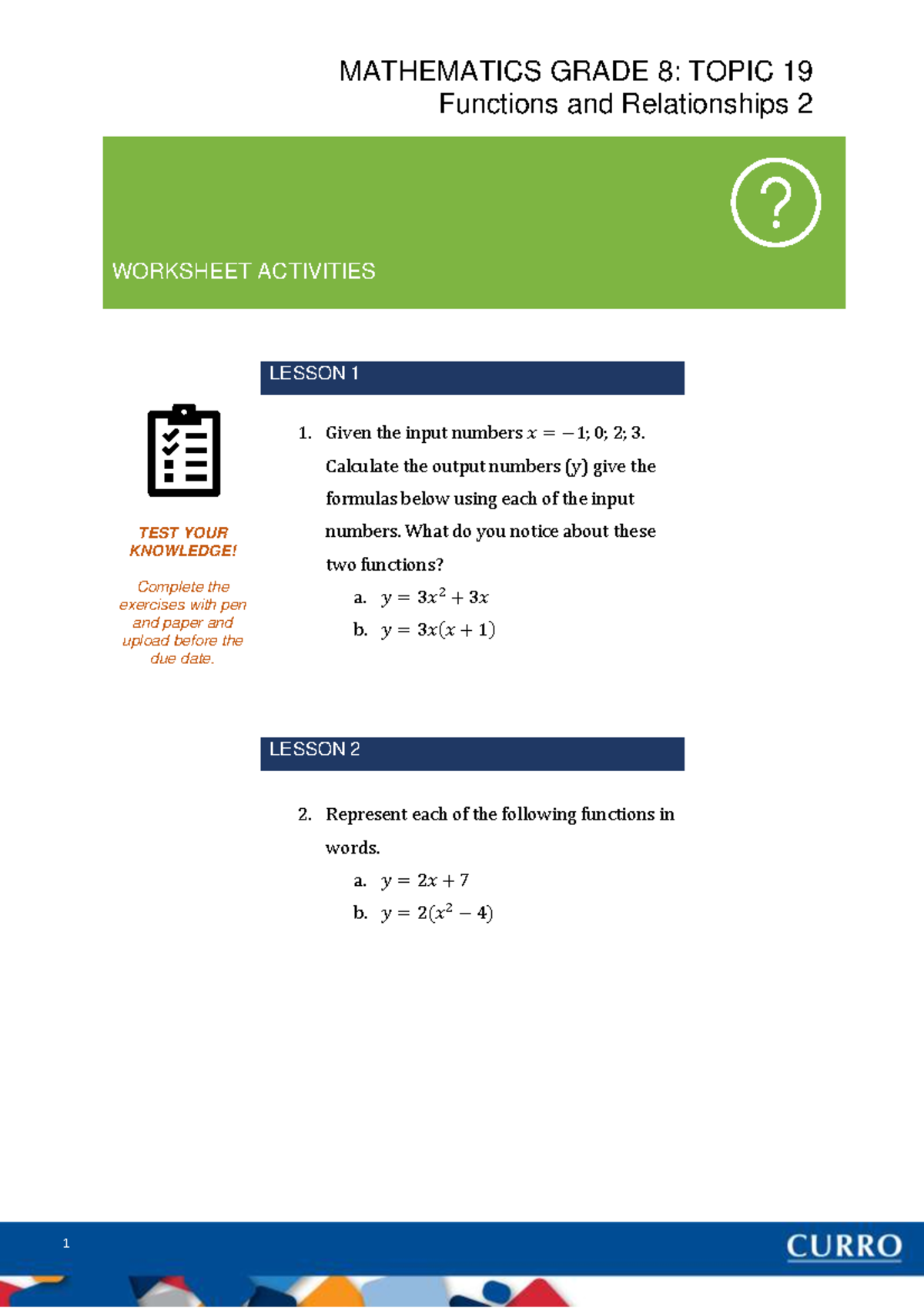 Grade 8 Functions & Relationships 2 Worksheet Activities - Studocu