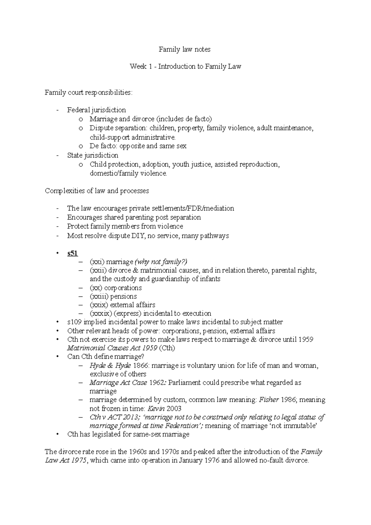 Family Law Notes: Introduction Jurisdiction and Legal Recognition of ...