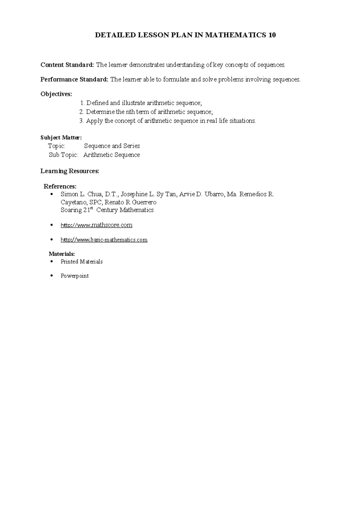 DETAILED LESSON PLAN ON SEQUENCES FOR MATH 10 CLASS - Studocu