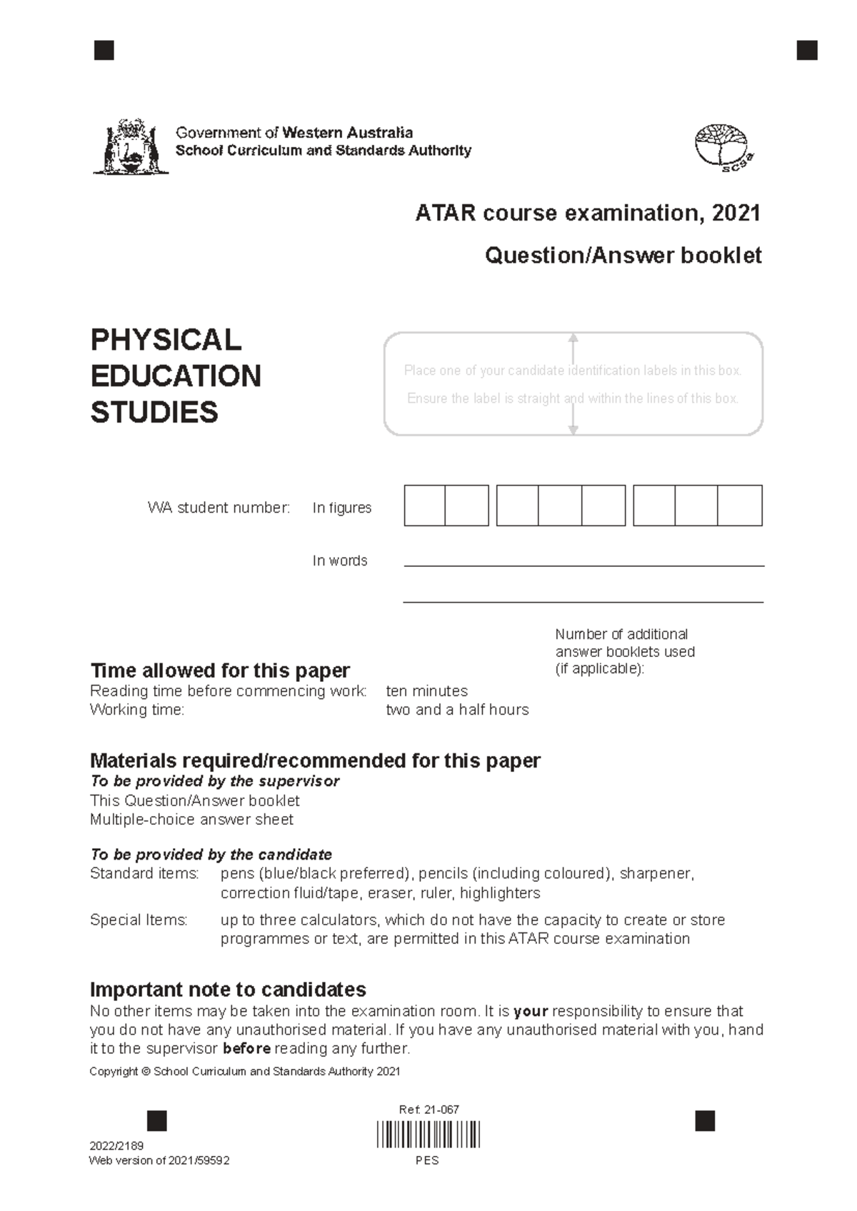 2021 ATAR PES Written Examination Guidelines and Structure - Studocu