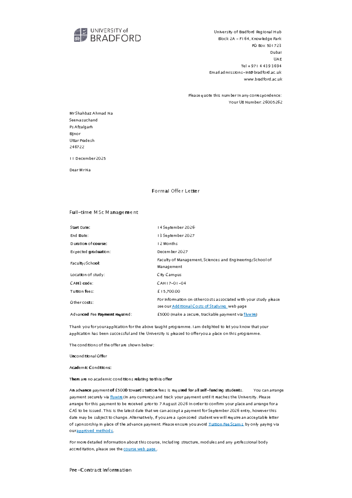 UoB MSc Management Unconditional Offer Letter - Dec 2025 - Studocu