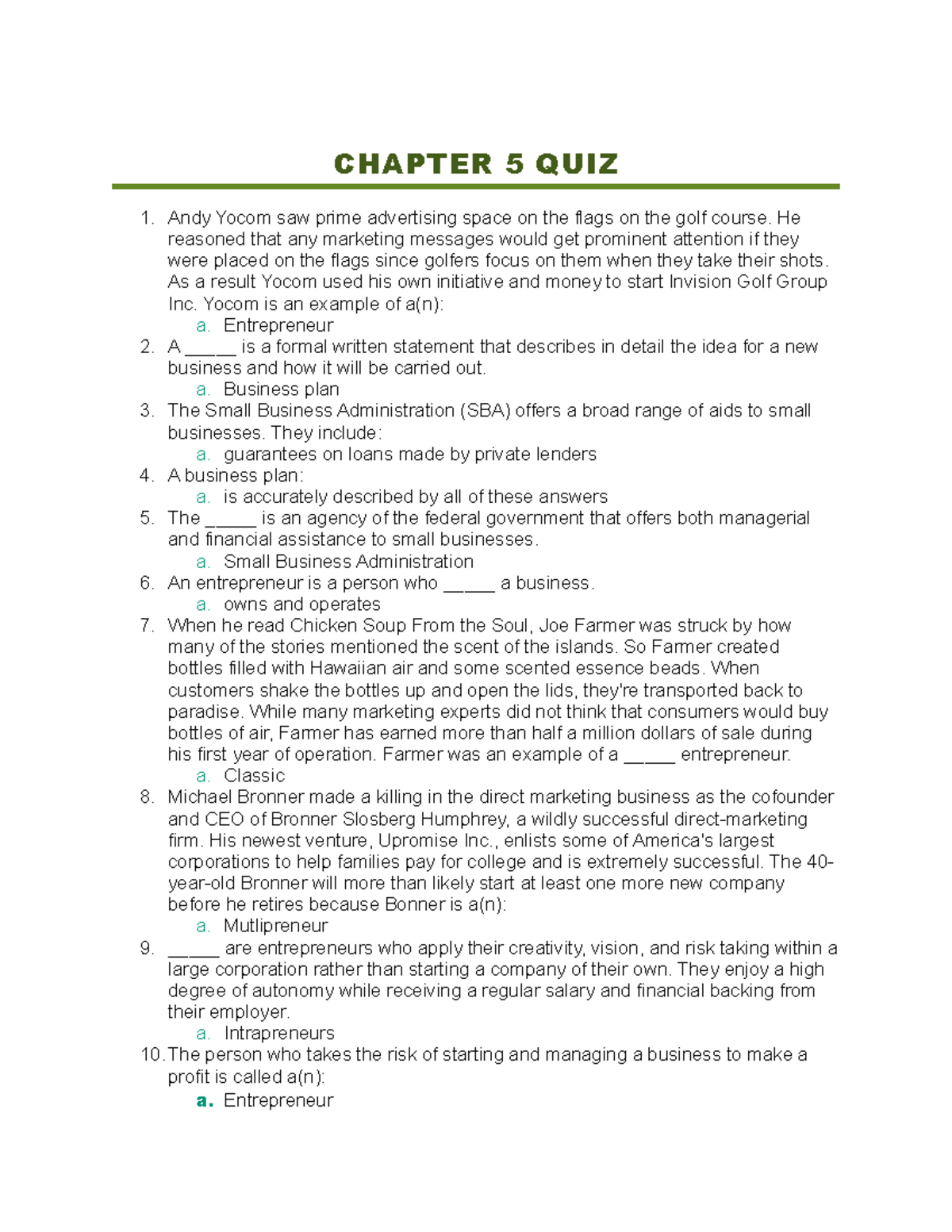 Chapter 5 Quiz - Key Concepts in Entrepreneurship and Business Plans ...