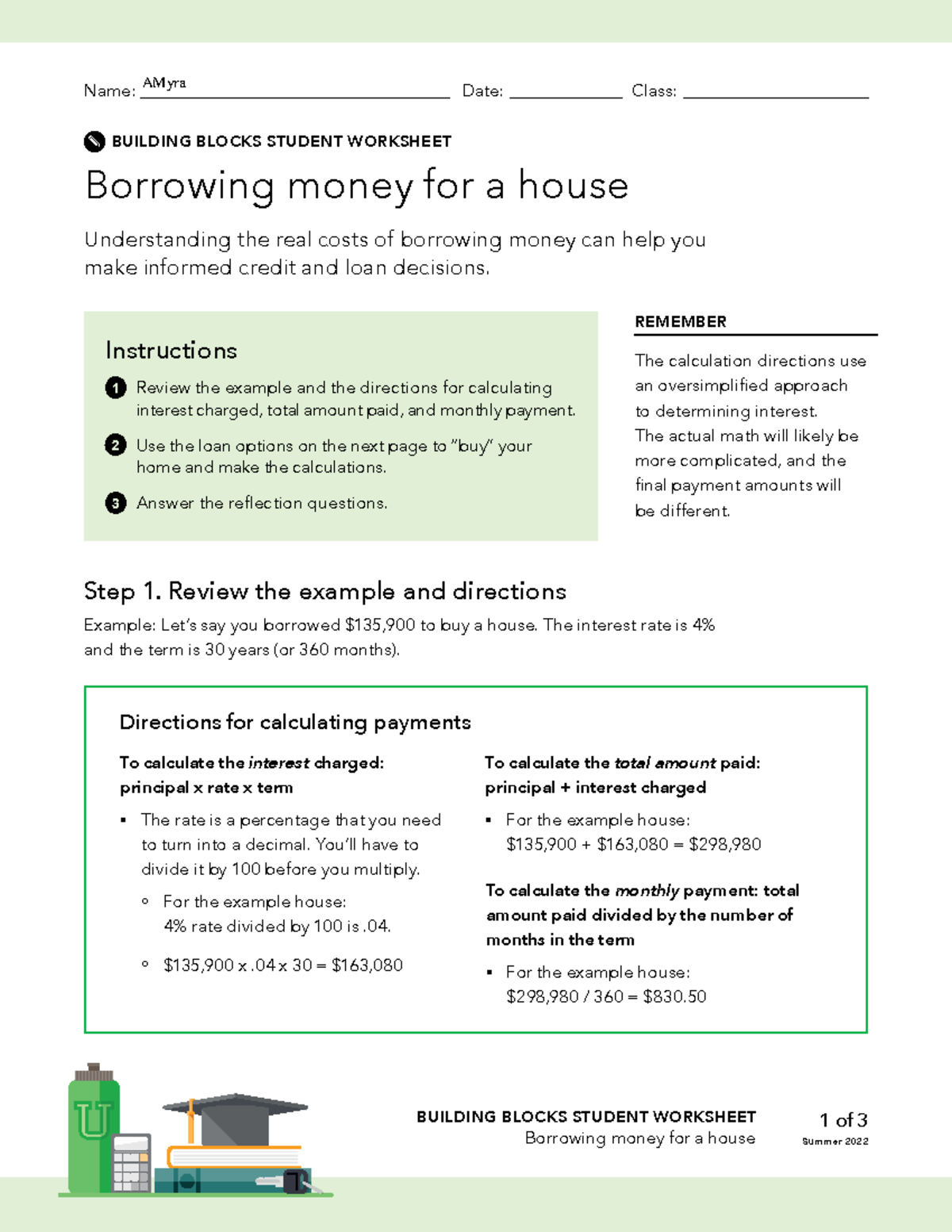 Cfpb Building Block Activities: Borrowing Money for House Worksheet ...