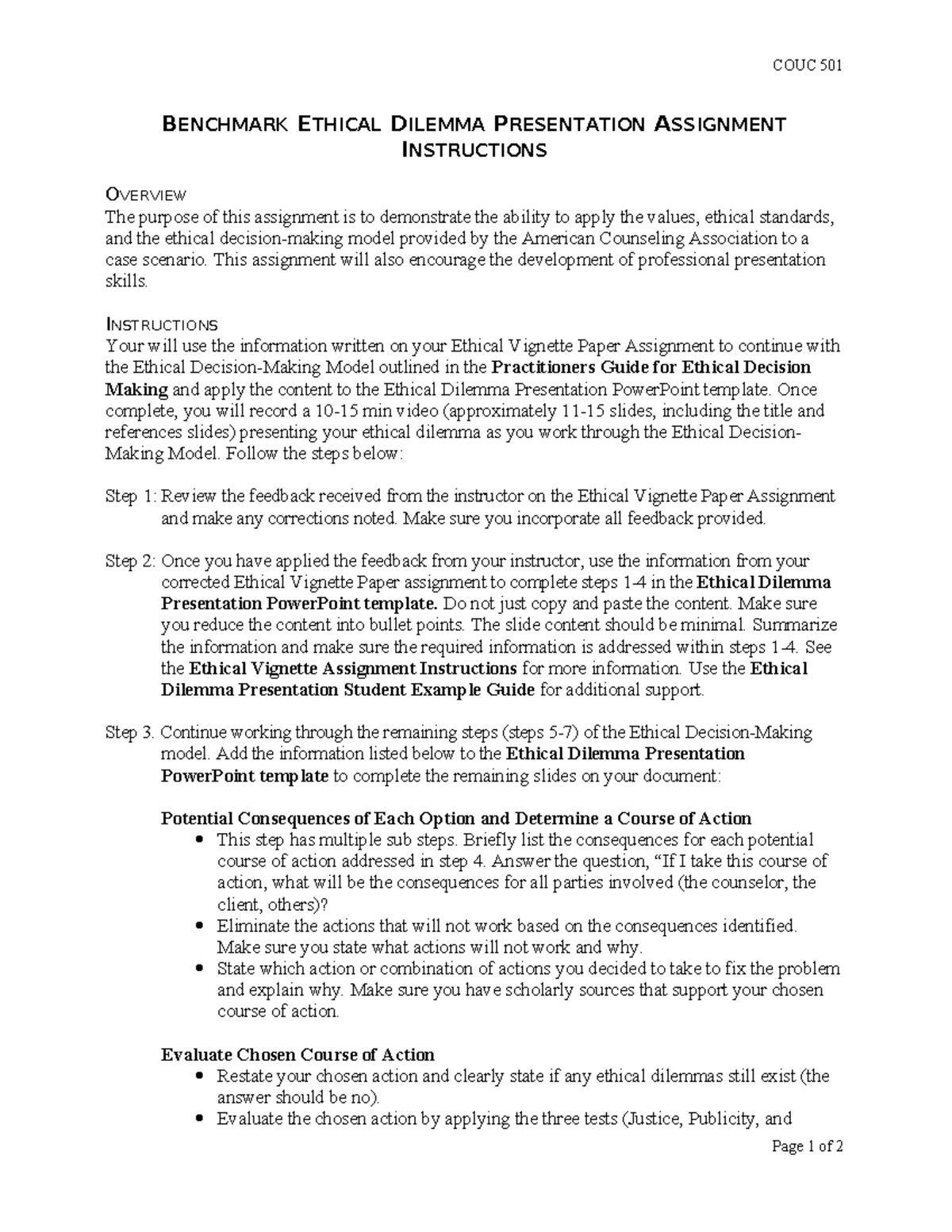 COUC 501 Benchmark Ethical Dilemma Presentation Assignment Guide - Studocu