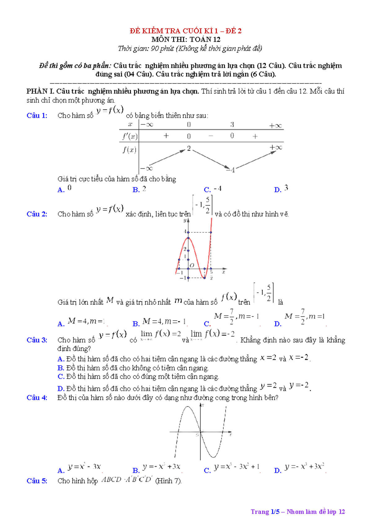 Đề Kiểm Tra Cuối Kỳ 1 - Đề 2 Môn Toán 12 - Studocu